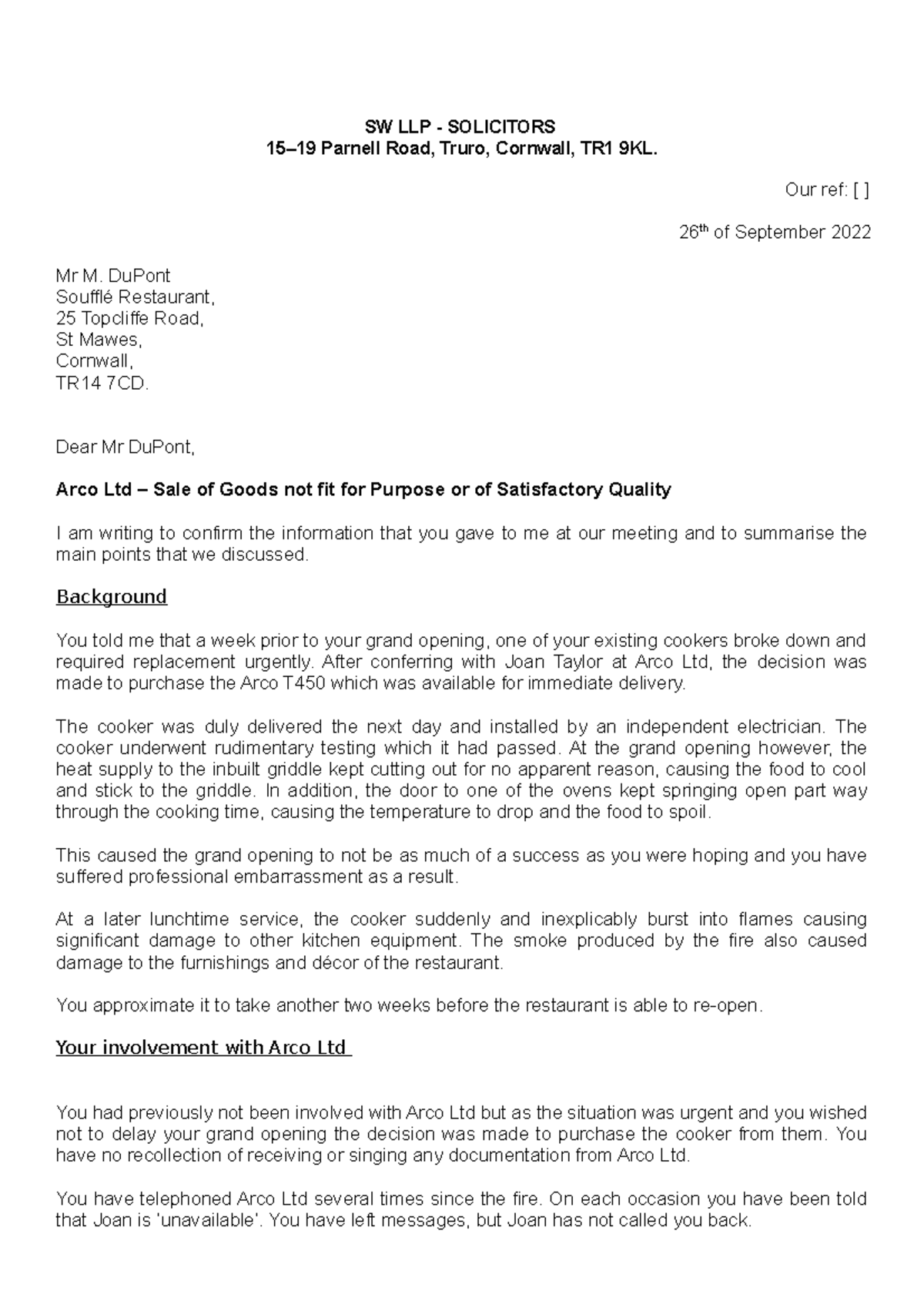 LPC Legal Writing Mock Exam - SW LLP - SOLICITORS 15–19 Parnell Road ...