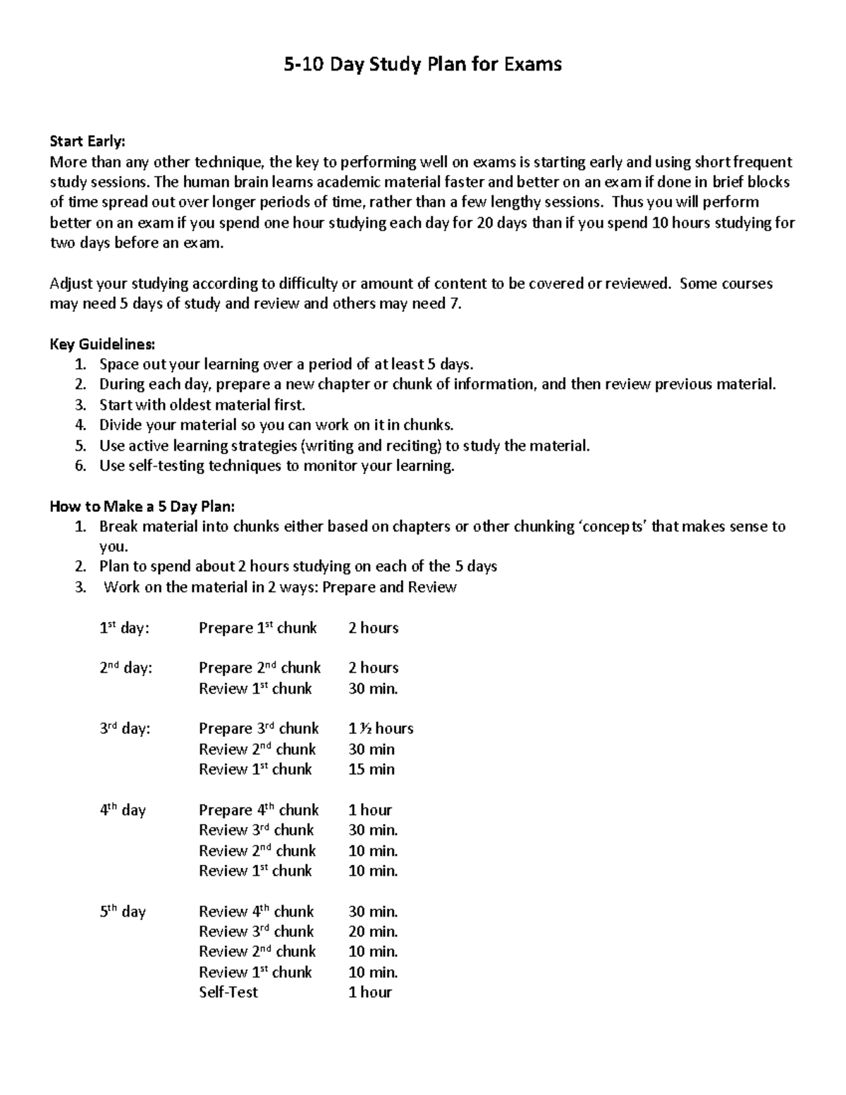 5-10Day Study Planfor Exams - 5-10 Day Study Plan for Exams Start Early ...