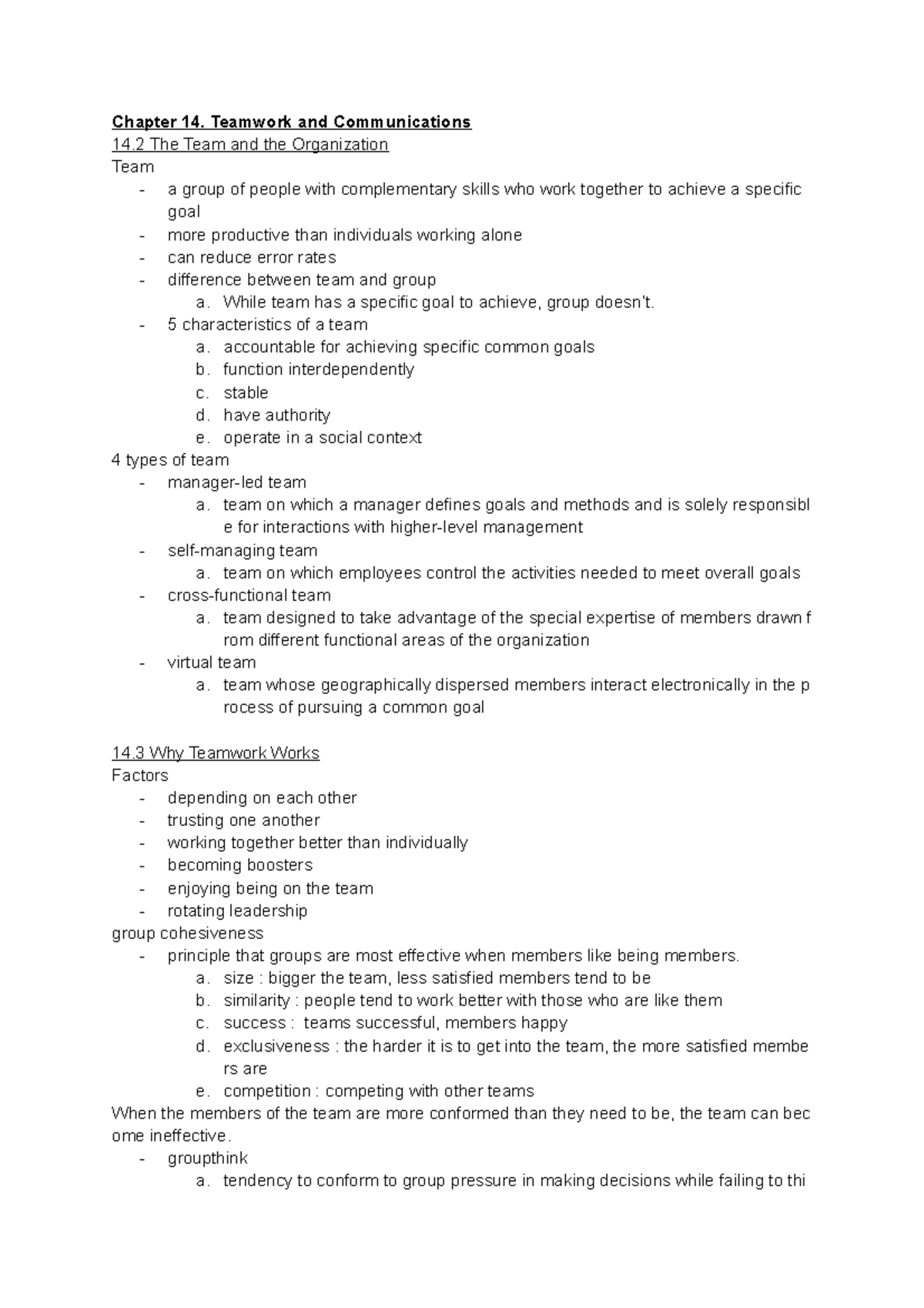B-chapter 14 notes - Chapter 14. Teamwork and Communications 14 The ...