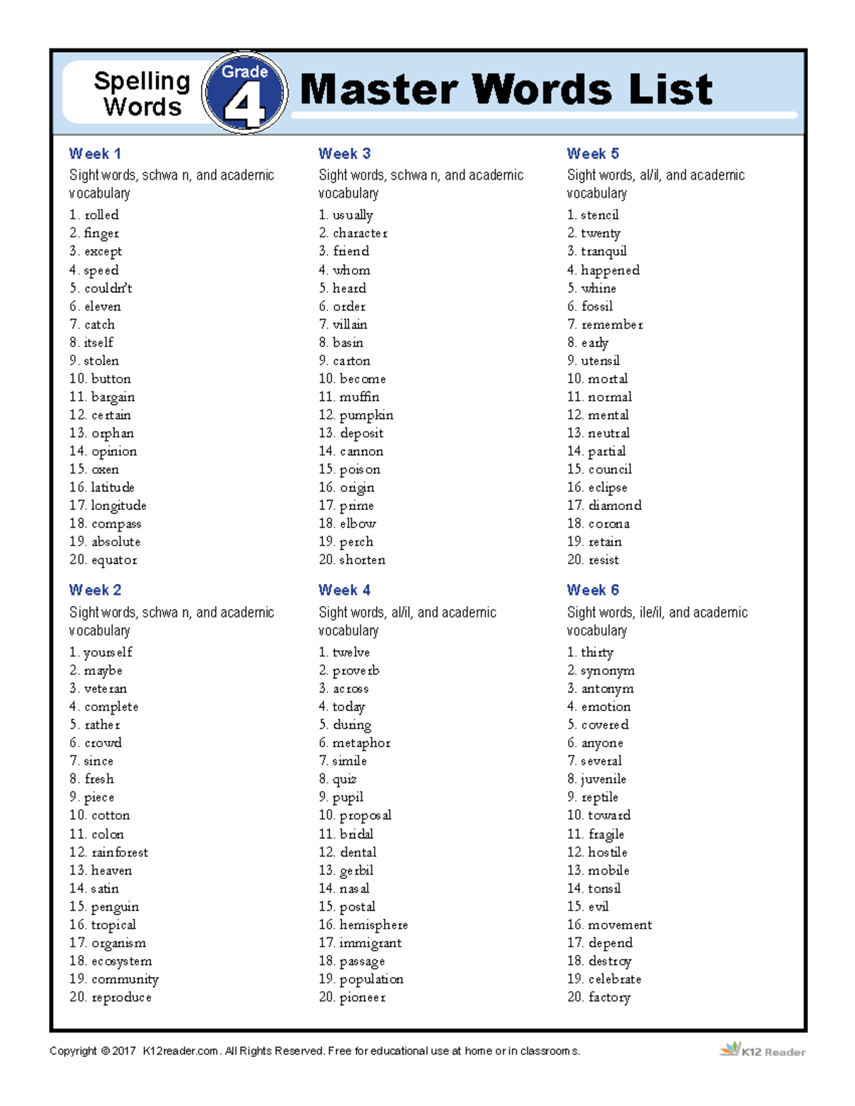 Spelling Words For Grade 4 1 Spelling Words Master Words List 4 Week
