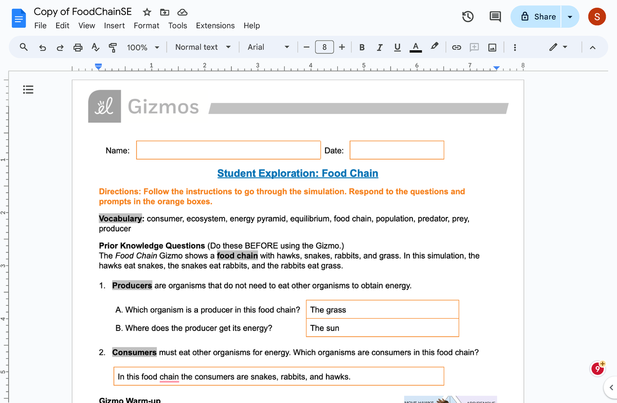 Copy of Food Chain SE - Google Docs - Copy of FoodChainSE File Edit ...