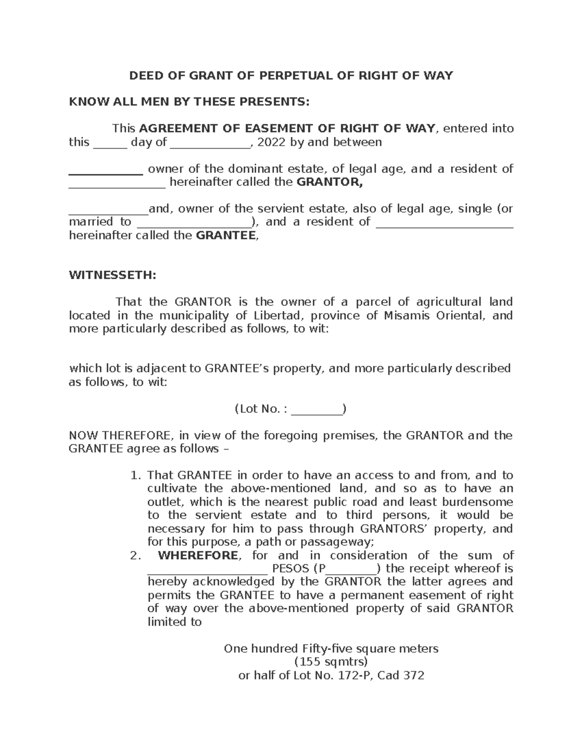 Right of way notes - DEED OF GRANT OF PERPETUAL OF RIGHT OF WAY KNOW ...