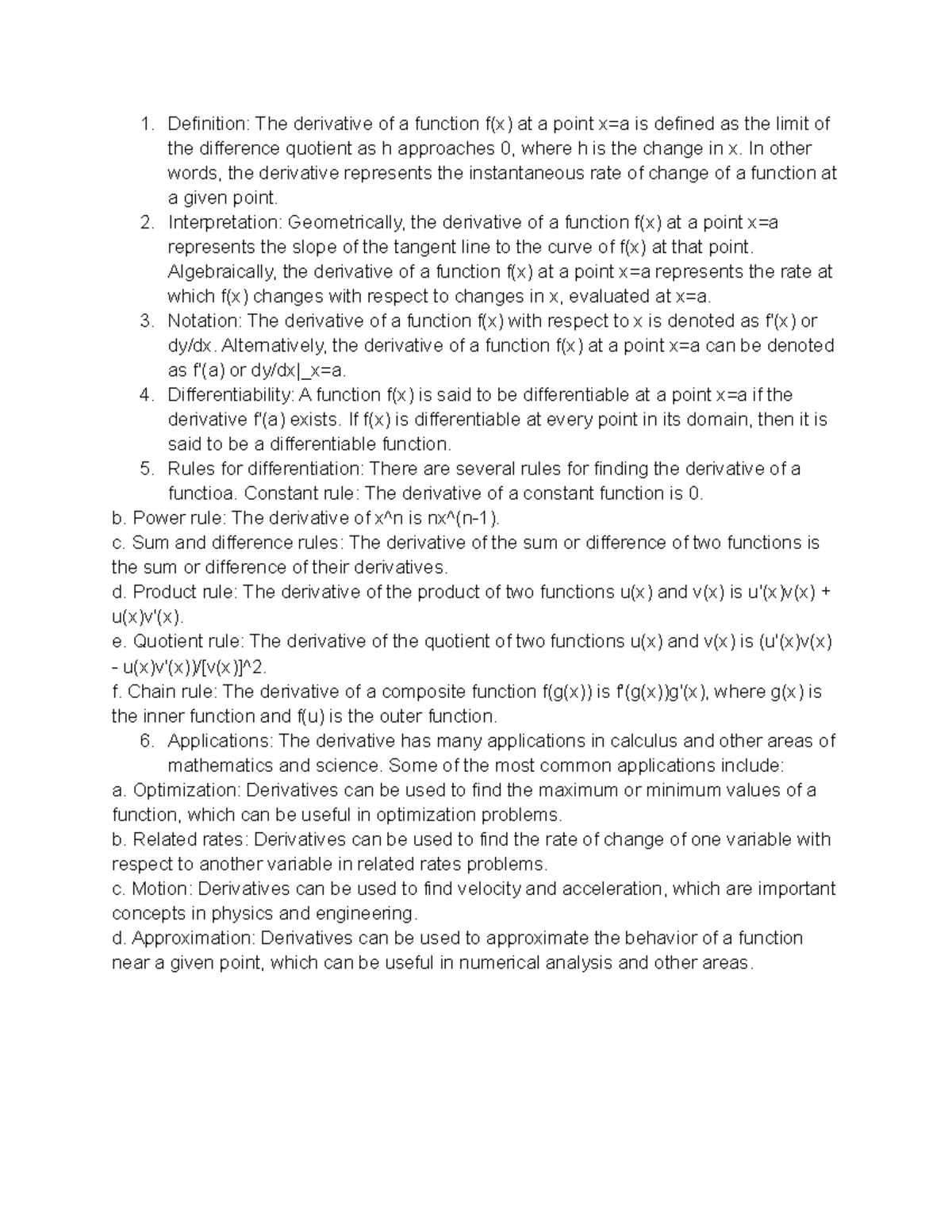 Derivative notes - Definition: The derivative of a function f(x) at a ...