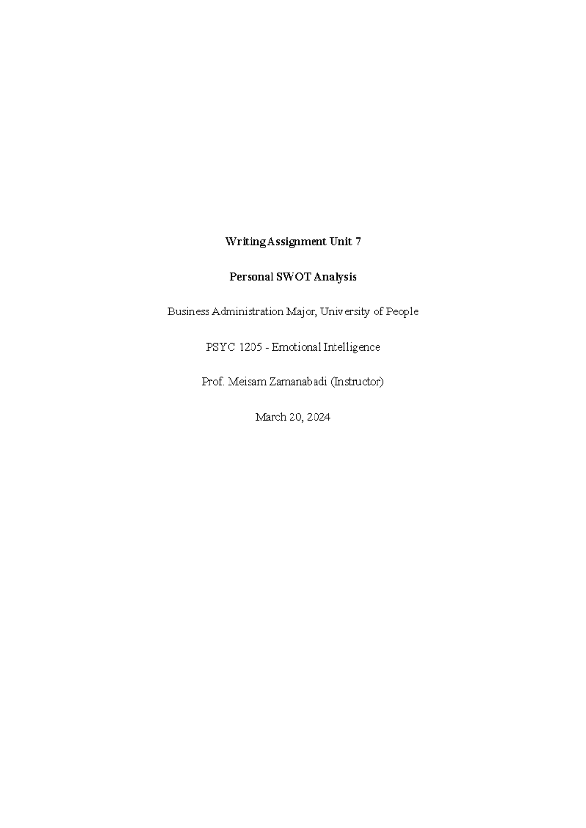 Unit 7 - Personal SWOT Analysis - Writing Assignment Unit 7 Personal SWOT Analysis Business ...