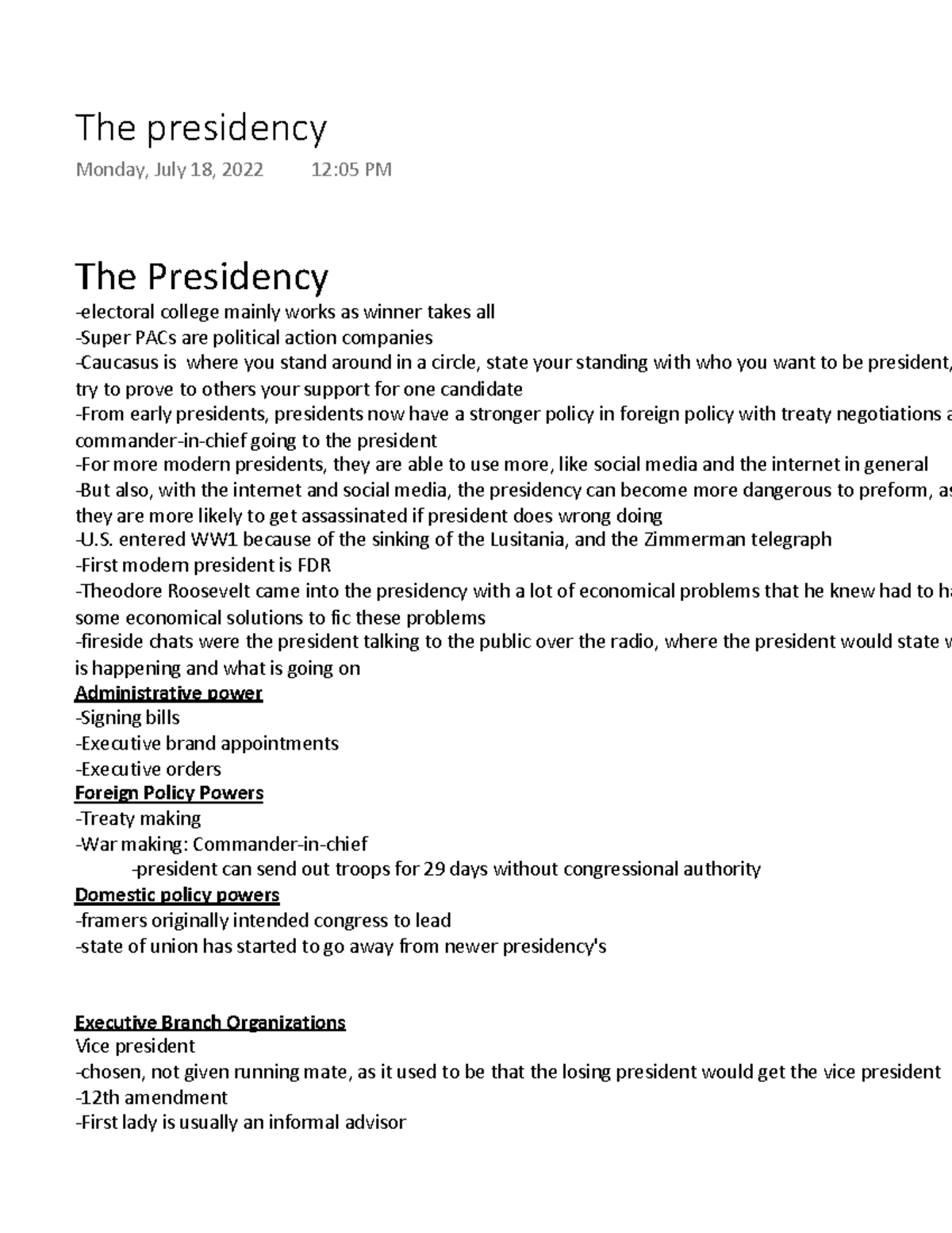 The presidency notes - The Presidency -electoral college mainly works ...