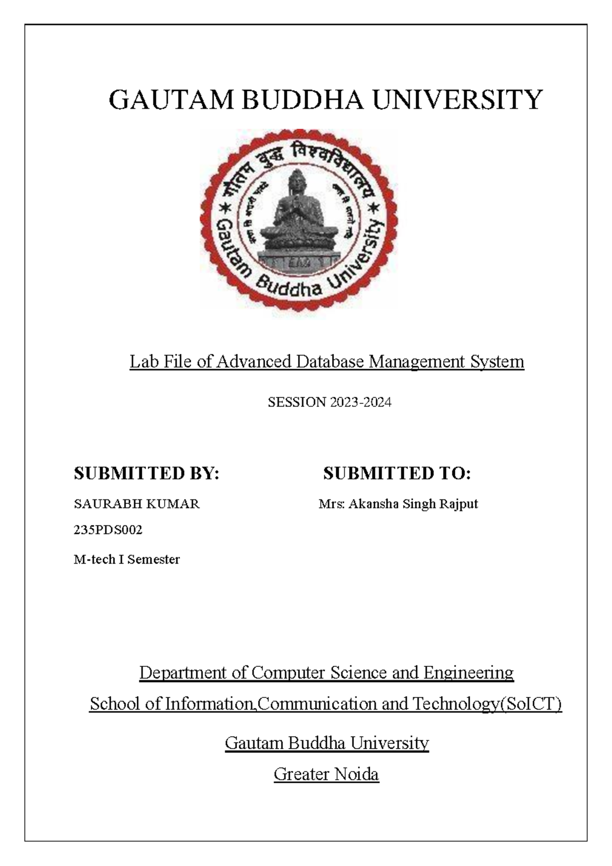 Advance database management system - GAUTAM BUDDHA UNIVERSITY Lab File ...