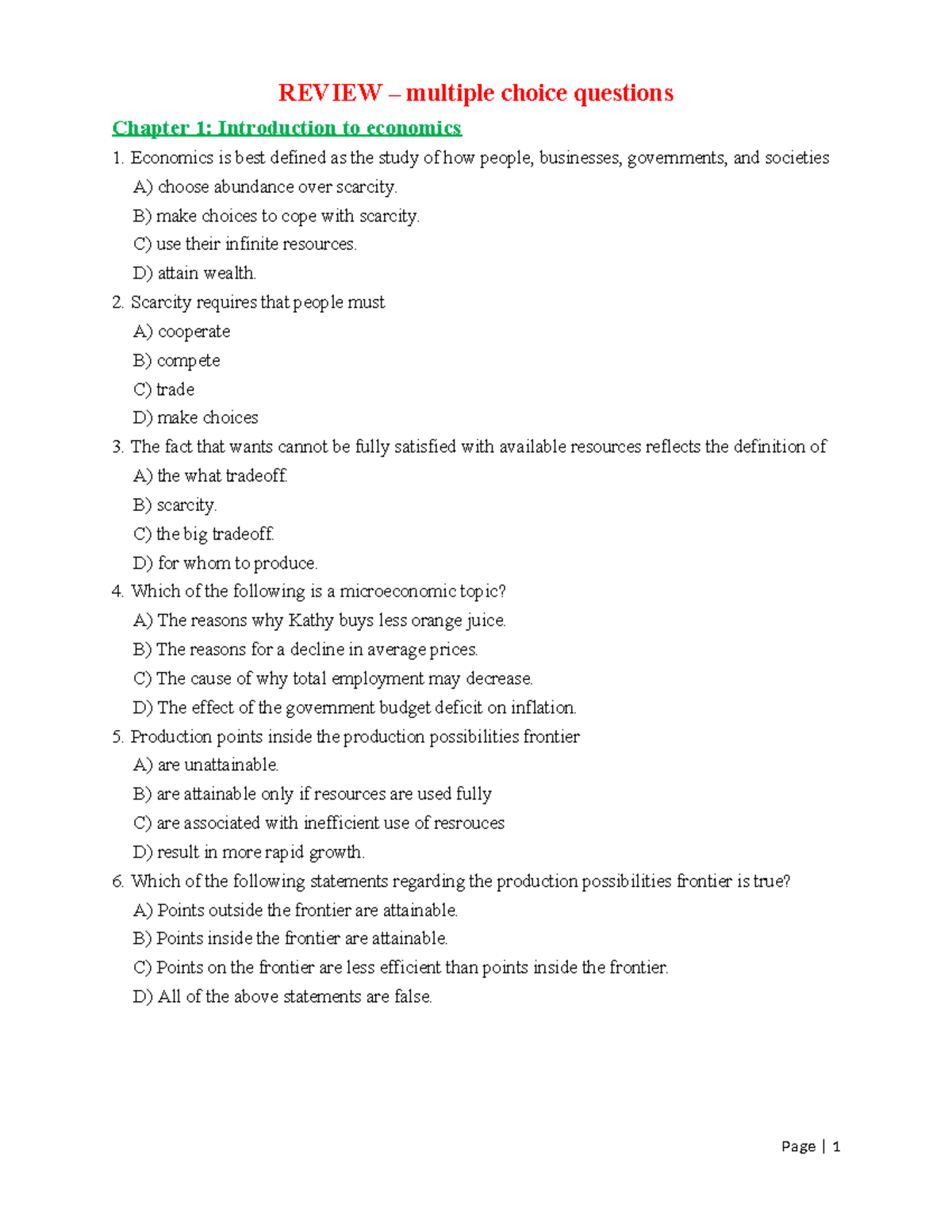 Review - multiple choice questions - Microeconomics - REVIEW – multiple choice questions Chapter ...