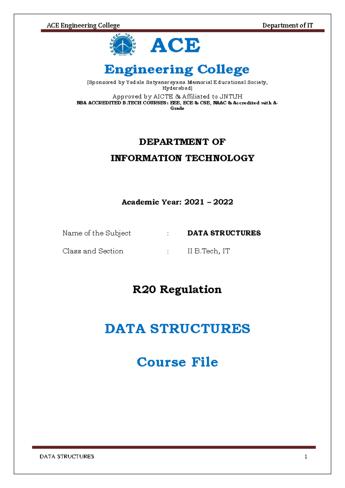 Data Structure Notes - ACE Engineering College (Sponsored by Yadala ...