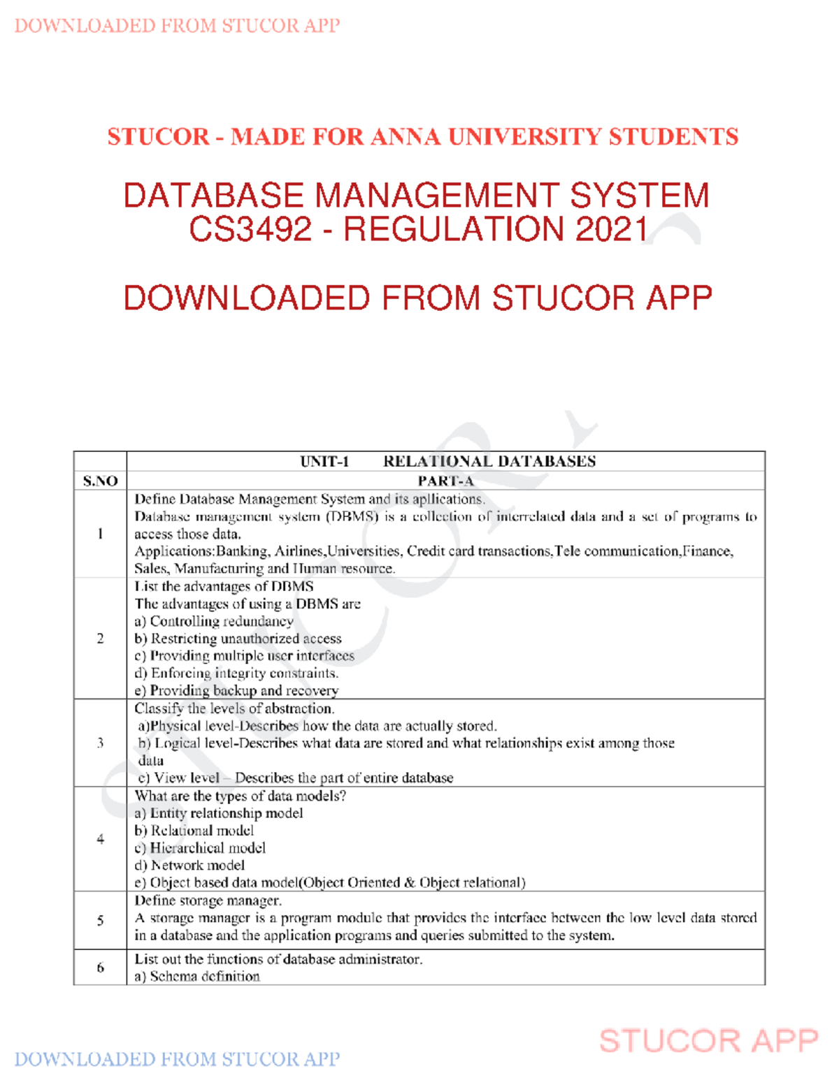 Dbms 2 Marks And Detail Questions Database Management System Cs3492 Regulation 2021 Unit Ii