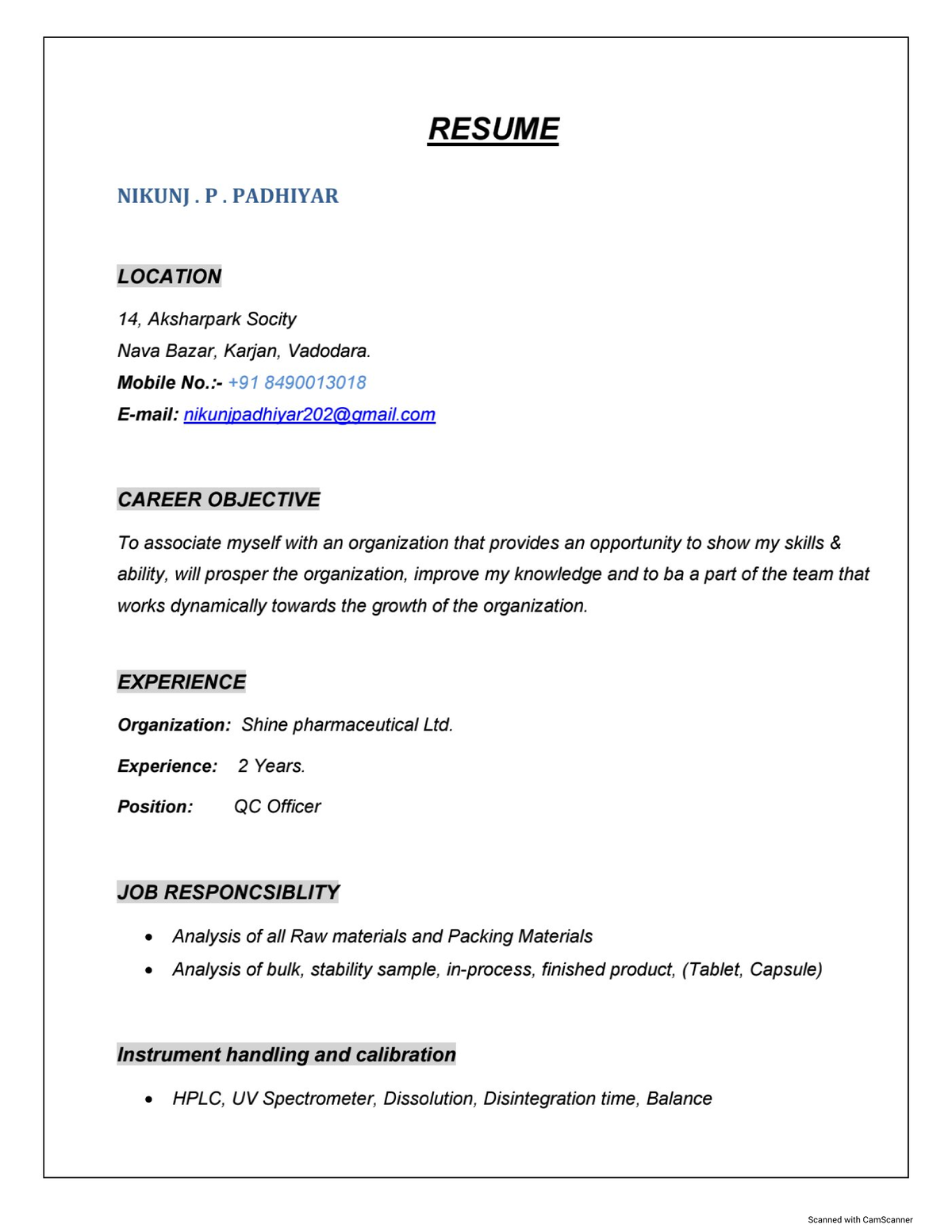 Resume Nikunj padhiyar - Business administration - SPU - Studocu