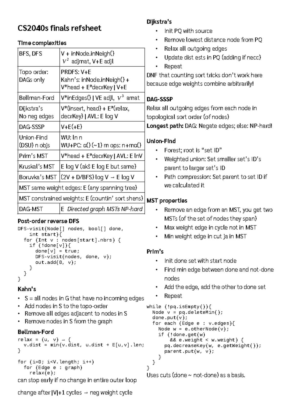 CS2040s finals refsheet - CS2040s finals refsheet Time complexities BFS ... CS2040s finals refsheet - CS2040s finals refsheet Time complexities BFS ...