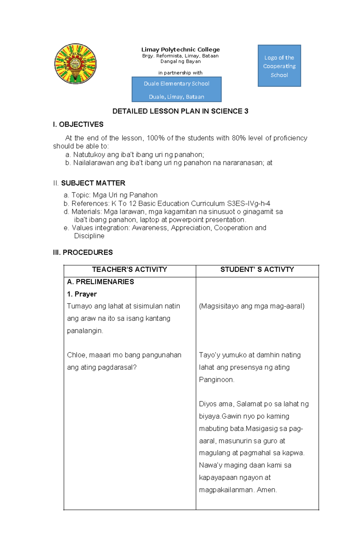DLP- Science- Draft - Logo of the Cooperating School Duale Elementary ...