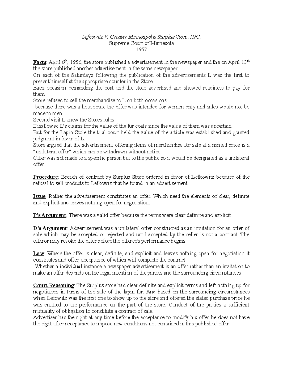 Lv GMSS - Notes - Lefkowitz V. Greater Minneapolis Surplus Store, INC ...