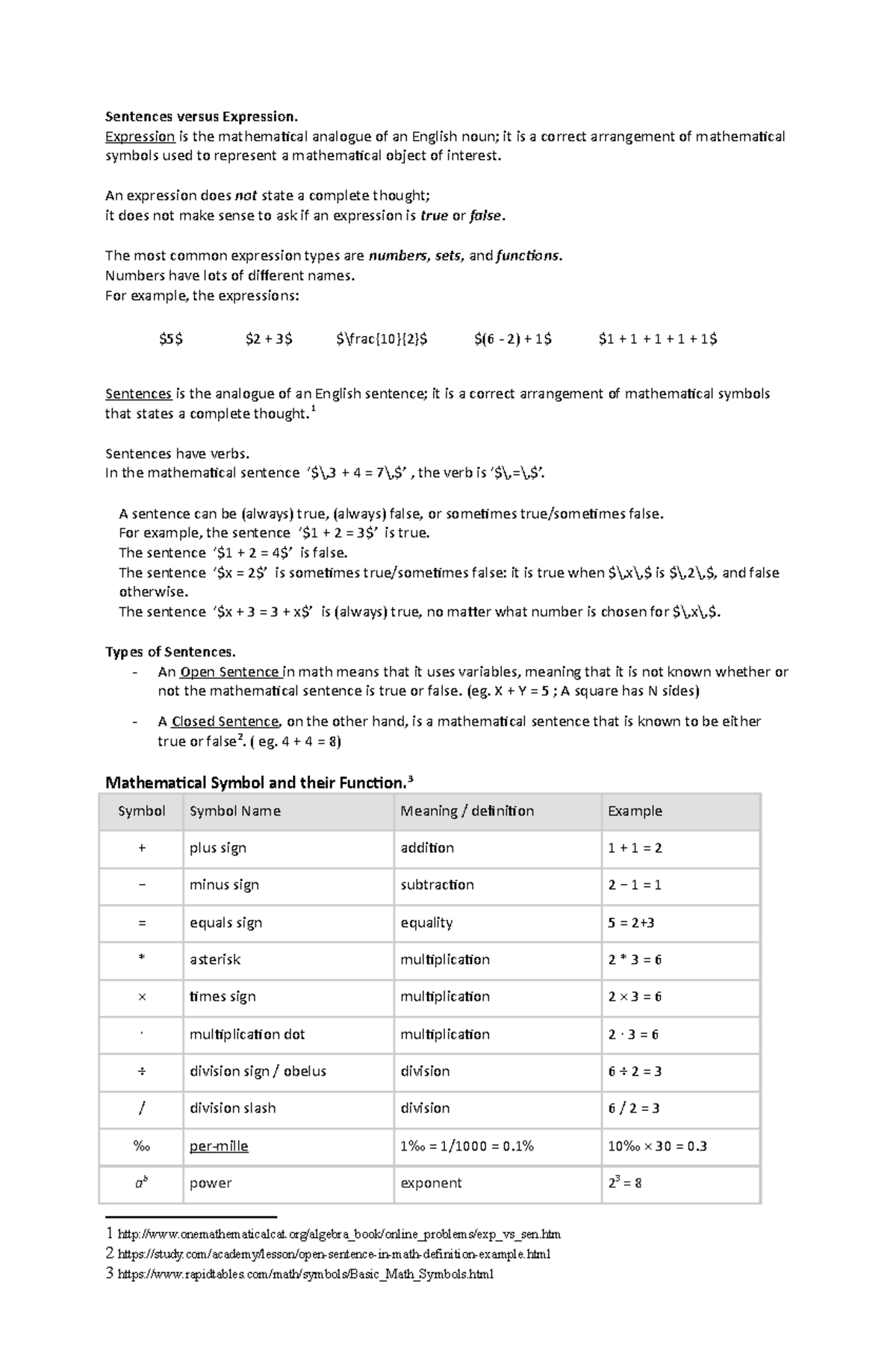M a them a tic a l Sentences a nd Expression - Sentences versus ...