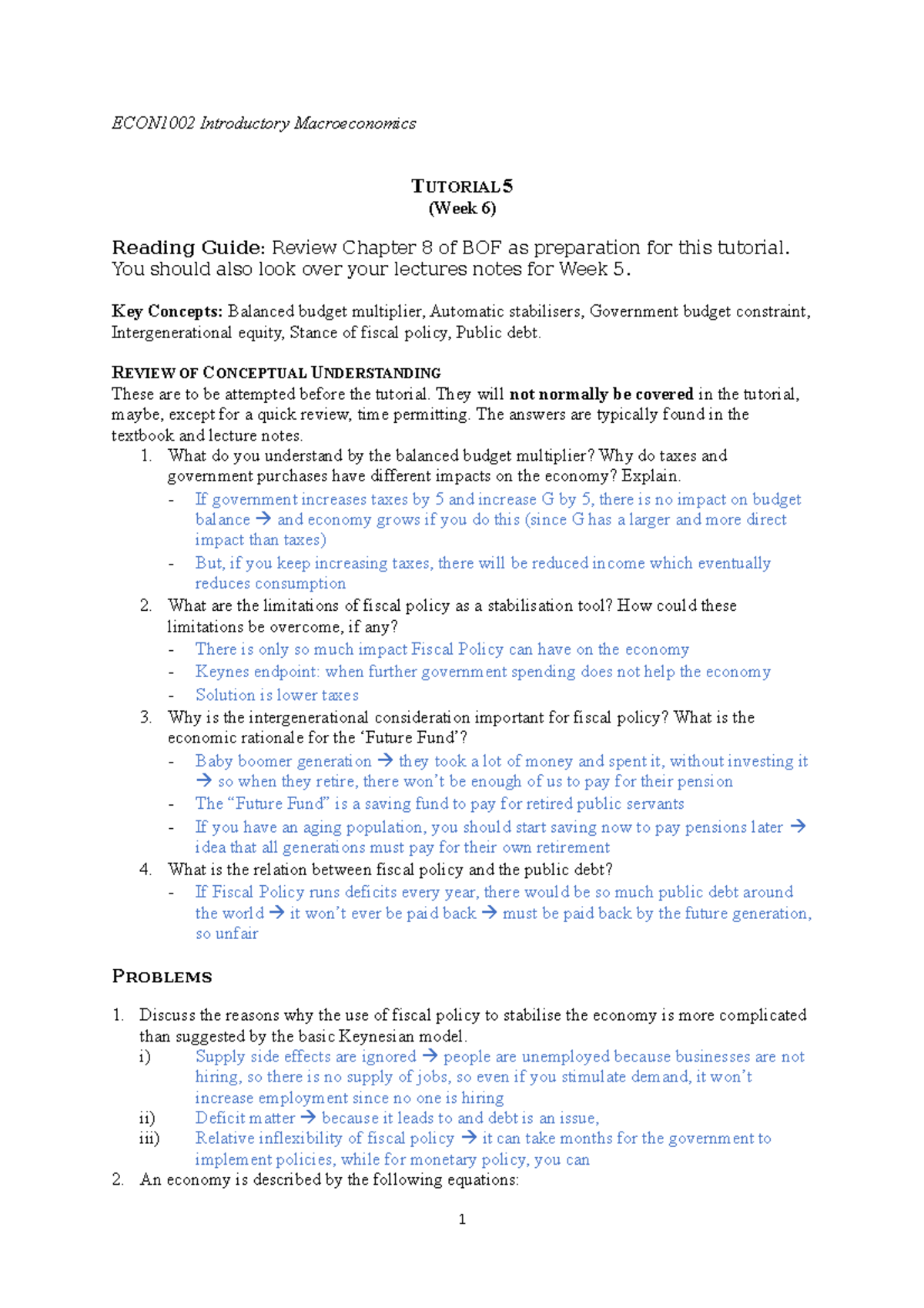 ECON1002 - Tutorial 05 - ECON1002 Introductory Macroeconomics TUTORIAL ...