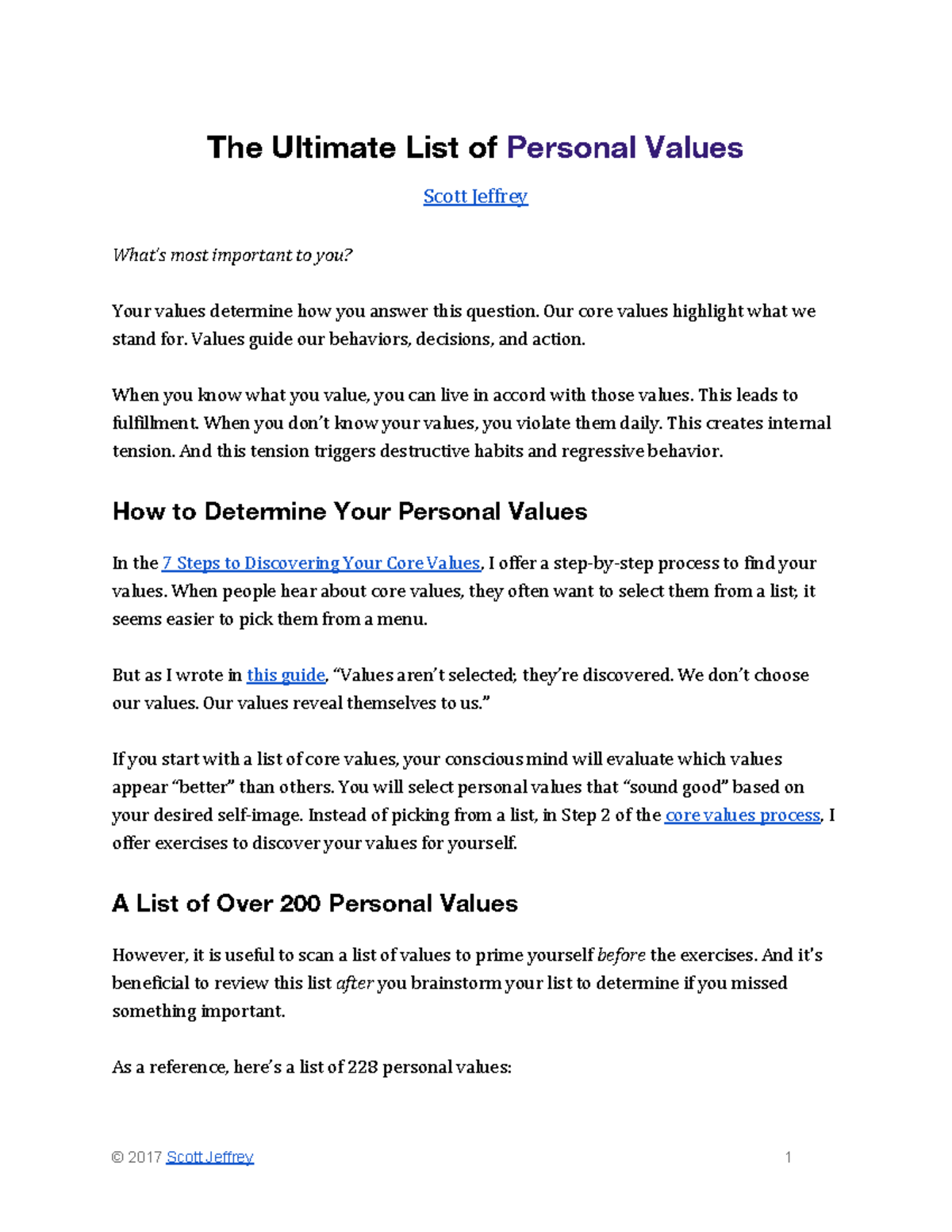 Values List Scott Jeffrey v2 - The Ultimate List of Personal Values ...