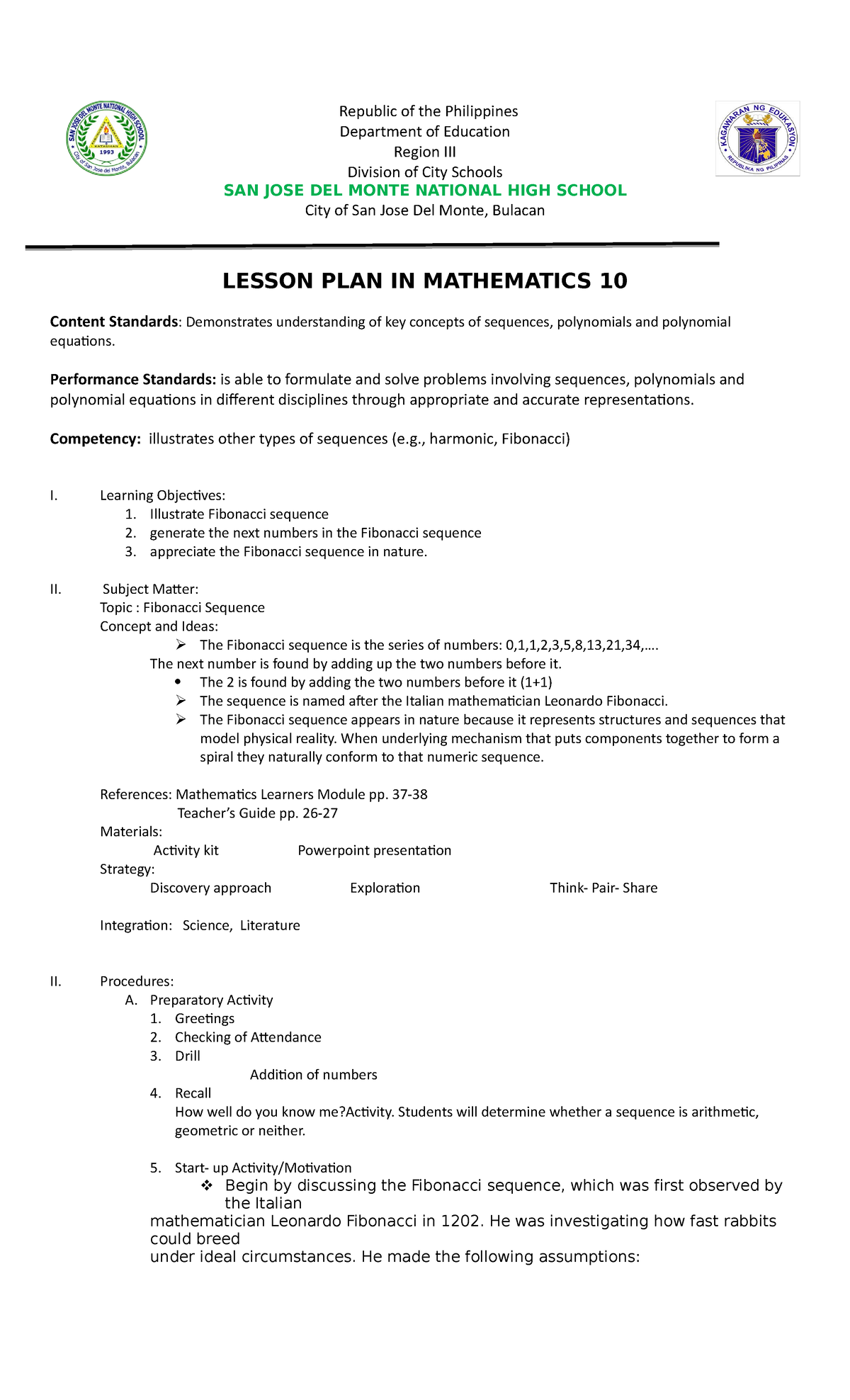 Lesson Plan Fibonacci Sequence Republic Of The Philippines Department Of Education Region Iii