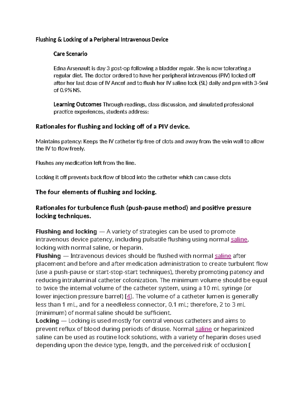 PIV questions - Flushing & Locking of a Peripheral Intravenous Device ...