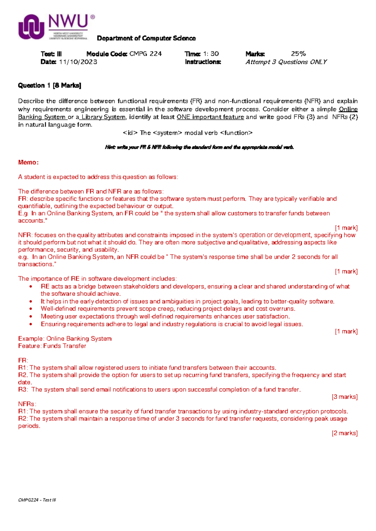 CMPG 224 - Test III memo - study - Department of Computer Science Test ...