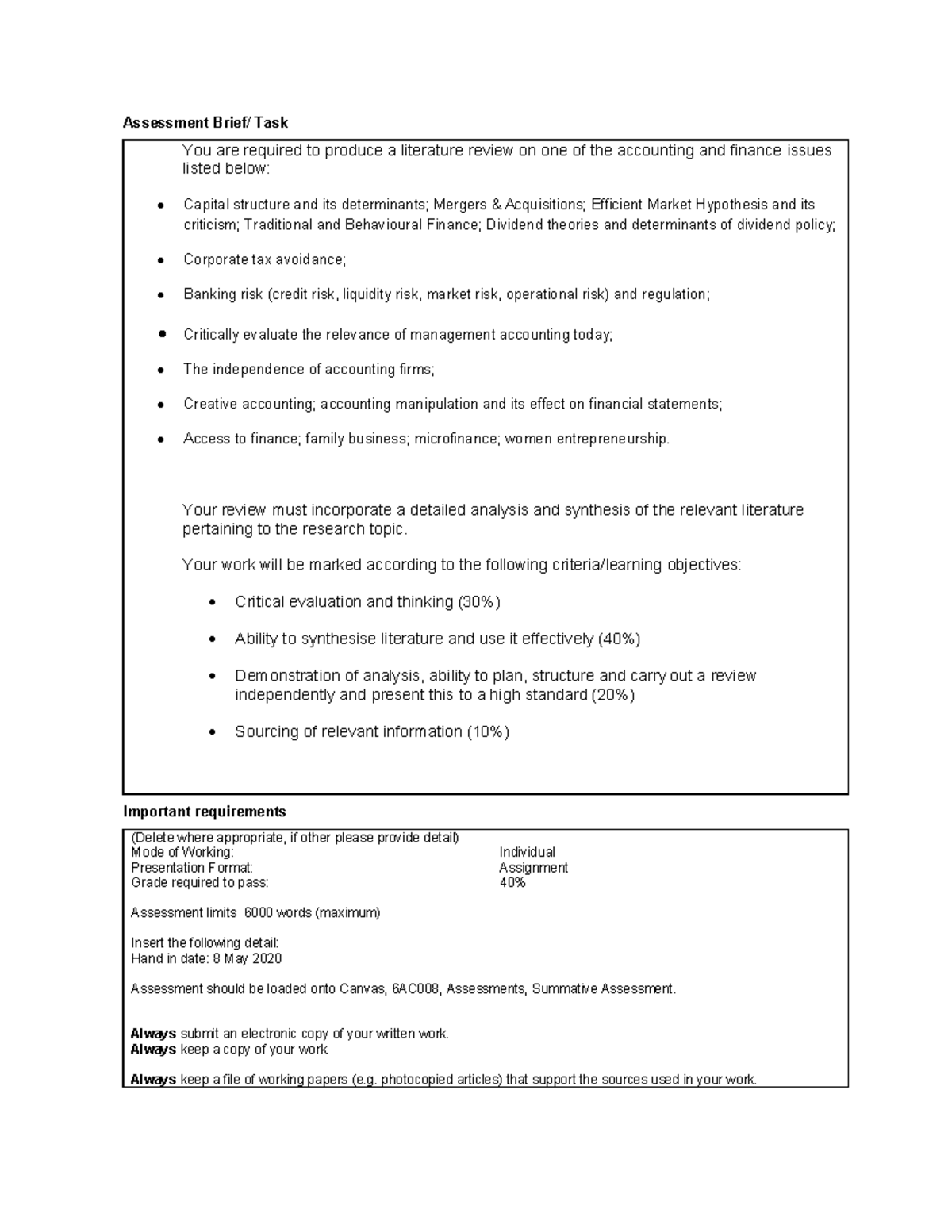 Assessment Brief 2019 - 6AC008 - Topics in Accounting and Finance ...