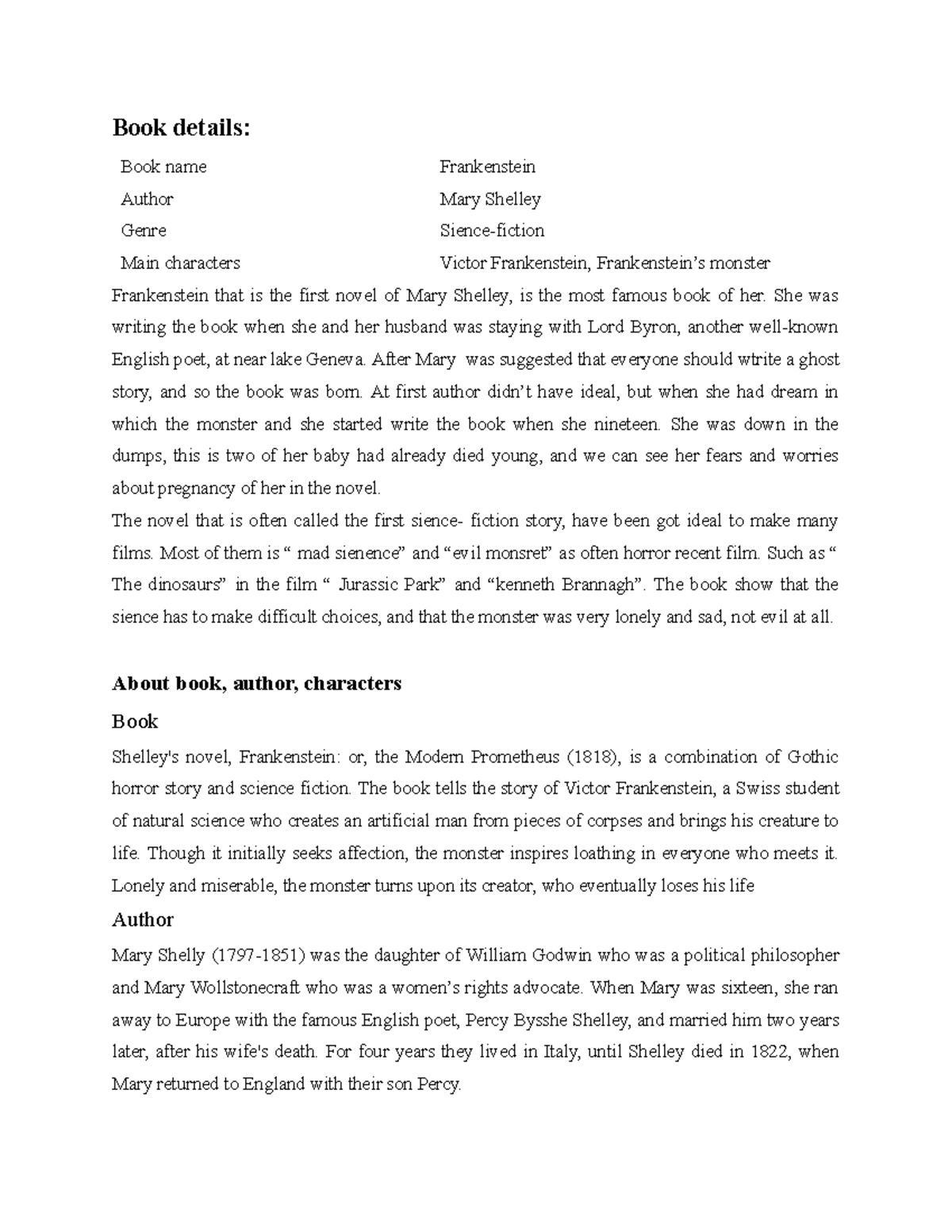 Frankenstein review - Book details: Book name Frankenstein Author Mary ...