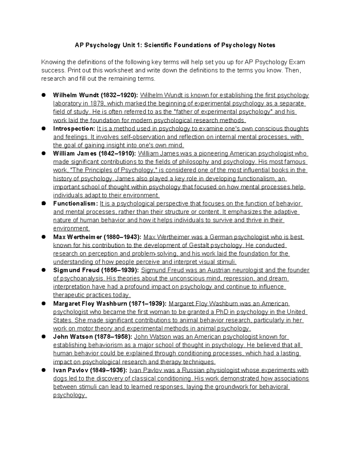 AP Psychology Unit 1 Scientific Foundations of Psychology Notes - Print ...