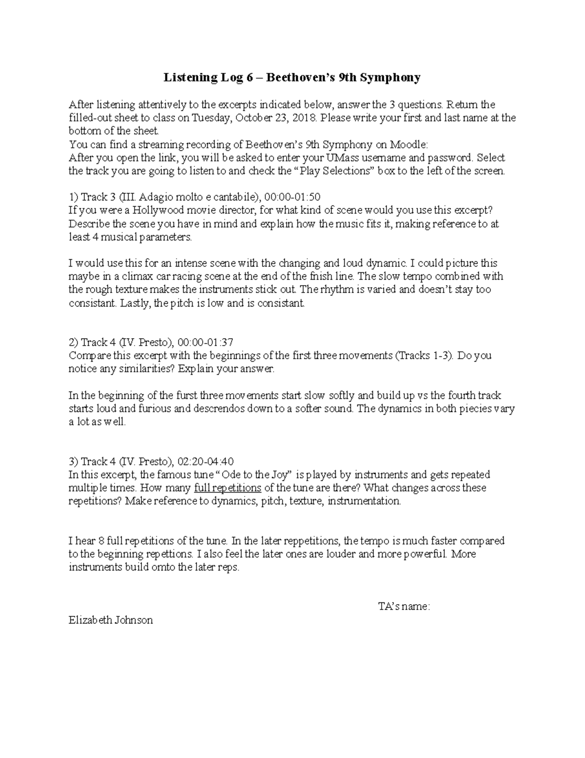 Listening Log 6–Due October 23 - Listening Log 6 – Beethoven’s 9th ...