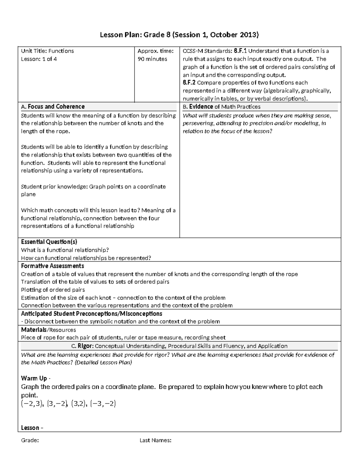 Functions lesson plan 10 - Lesson Plan: Grade 8 (Session 1, October ...
