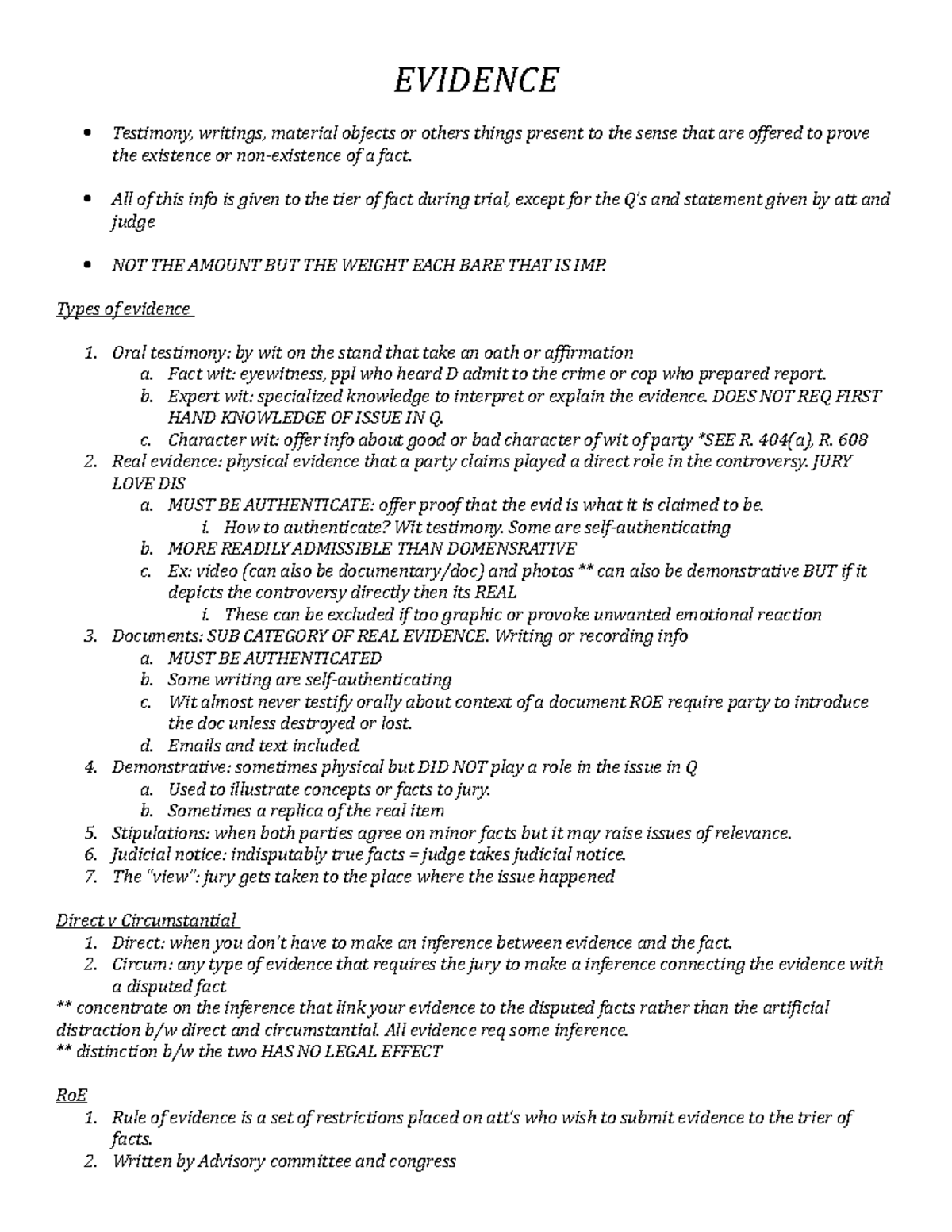Evidence outline - EVIDENCE Testimony, writings, material objects or ...