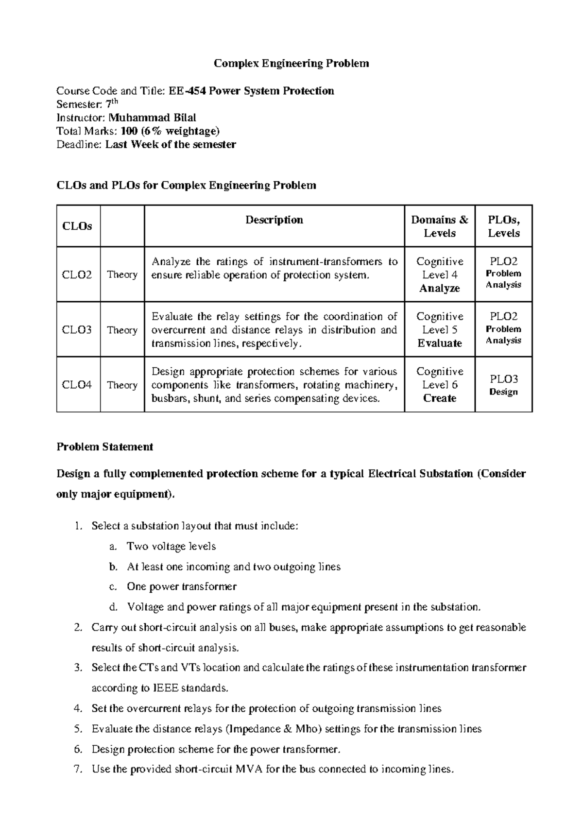5. CEP EE-454 PSP (Theory) - Complex Engineering Problem Course Code and Title: EE-454 Power ...