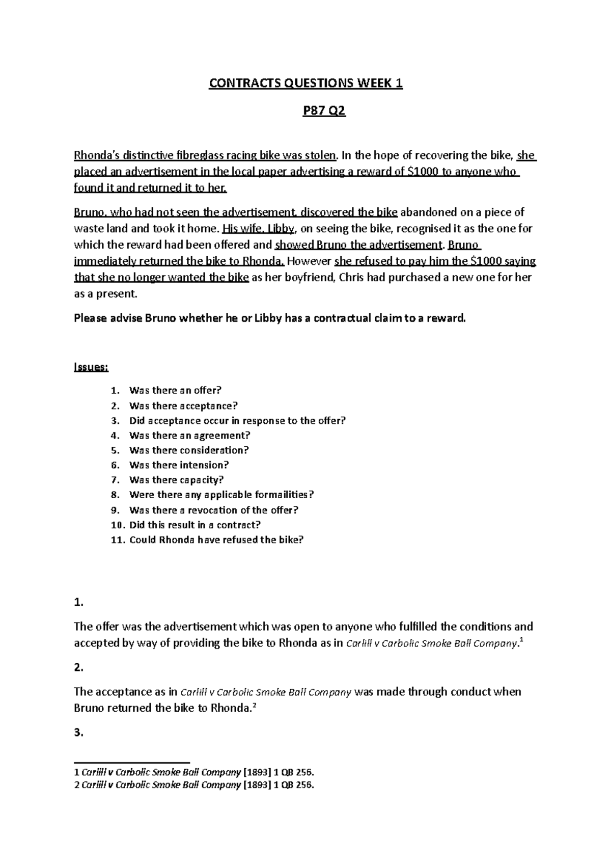 Contracts Questions WEEK 1 - CONTRACTS QUESTIONS WEEK 1 P87 Q2 Rhonda’s ...