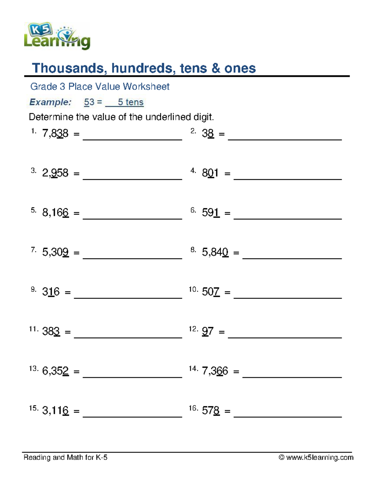 Thousands, hundreds, tens & ones worksheet - Reading and Math for K-5 ...