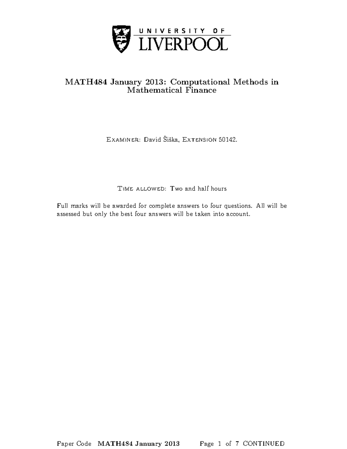 Exam January 2013, questions - MATH484 January 2013: Computational ...