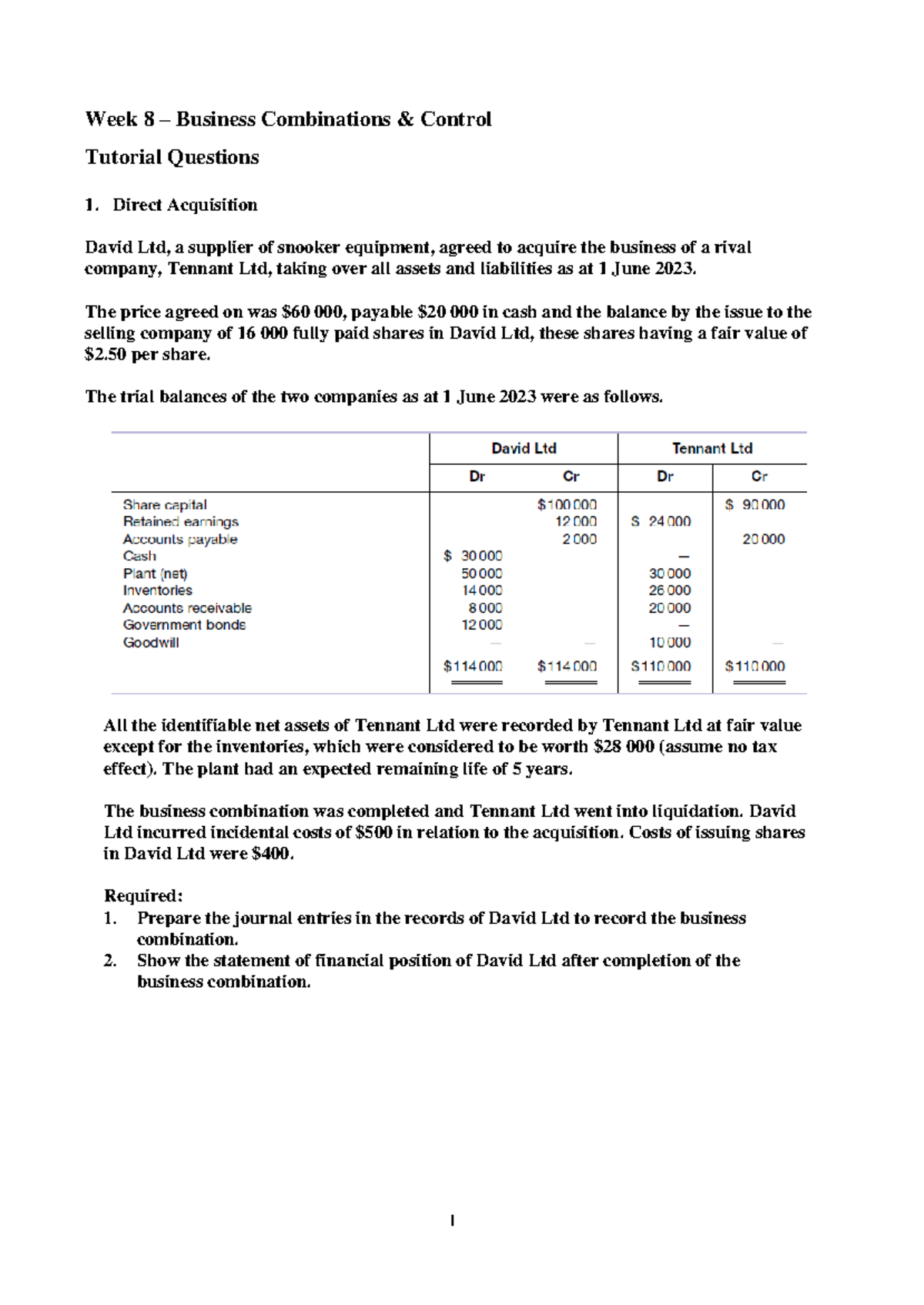 Week 8 - Tutorial Questions - 1 Week 8 – Business Combinations ...