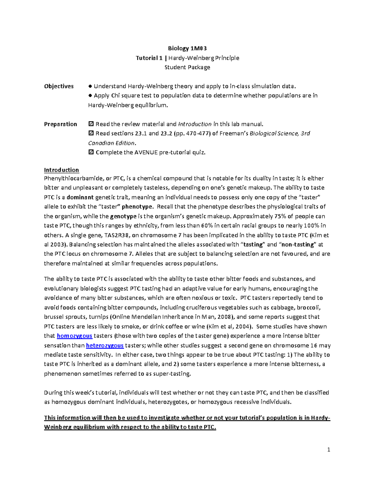 Tutorial 1 Hardy Weinberg Principle Student Package - Biology 1M Tutorial 1 | Hardy-Weinberg ...