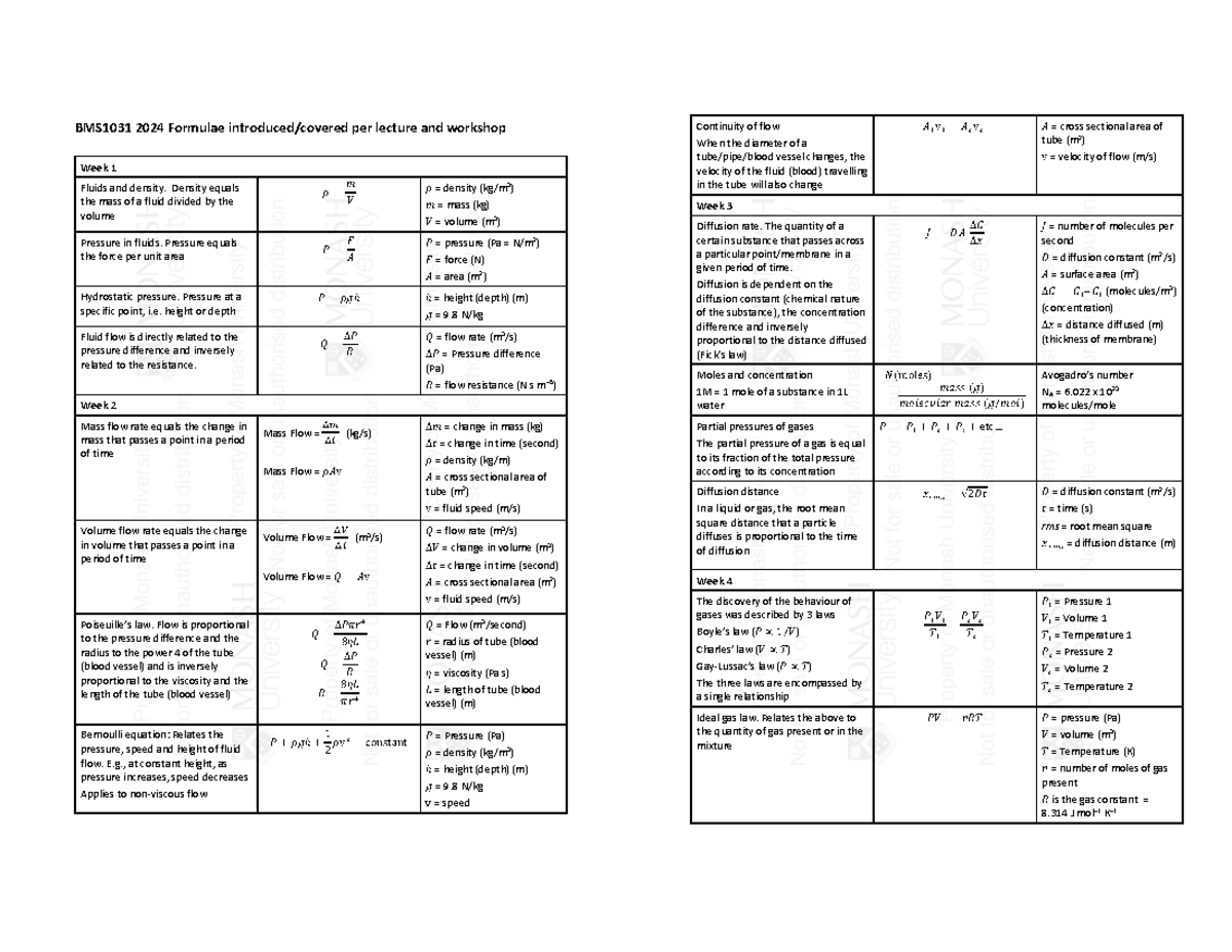 Sheet - formula - BMS1031 202 4 Formulae introduced/covered per lecture ...