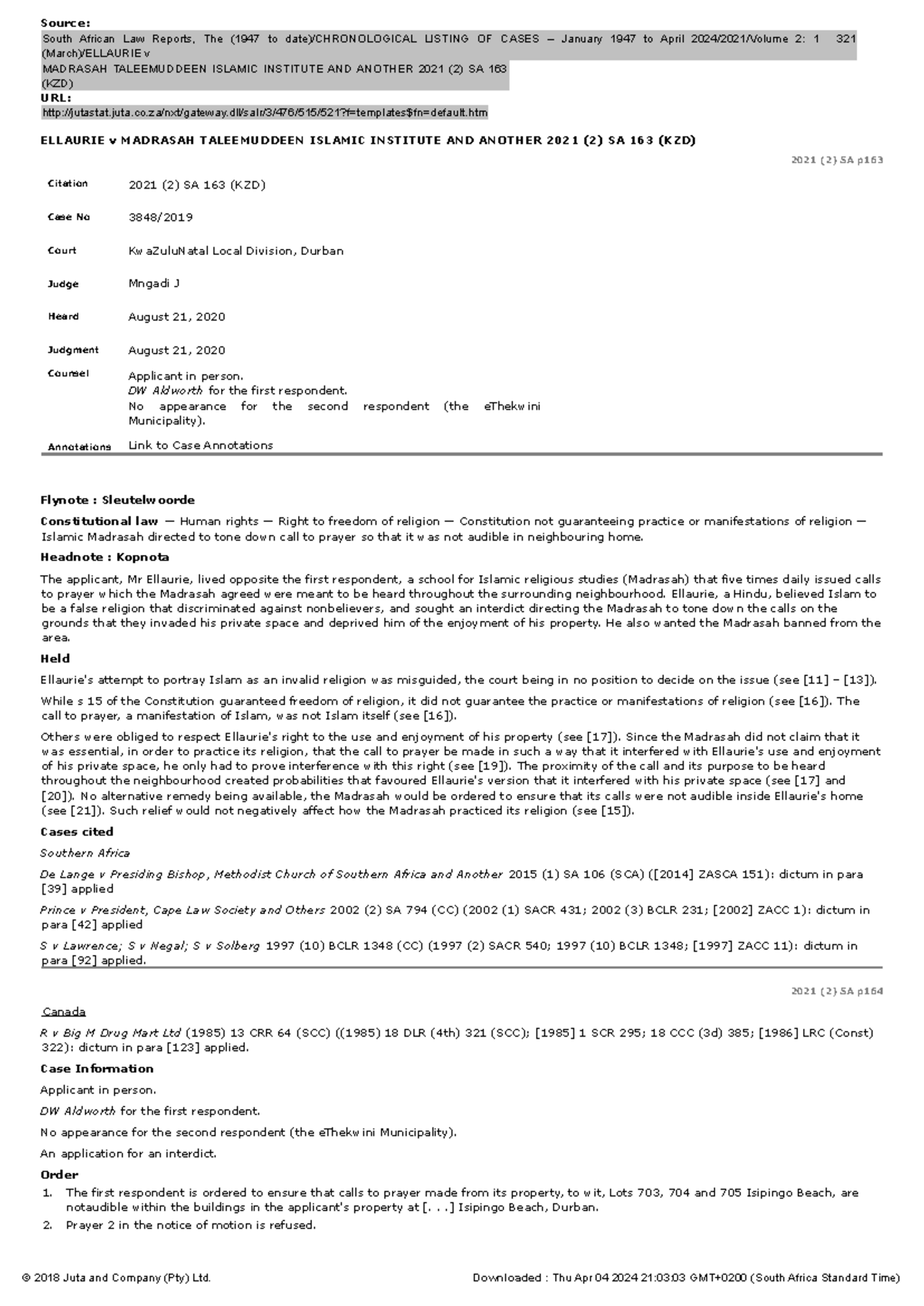 Ellaurie v Madrasah Taleemuddeen Islamic Institute AND Another 2021 (2 ...
