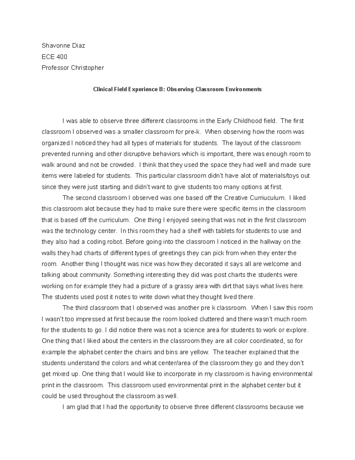 ECE400 Clinical Field Experience B - Shavonne Diaz ECE 400 Professor ...