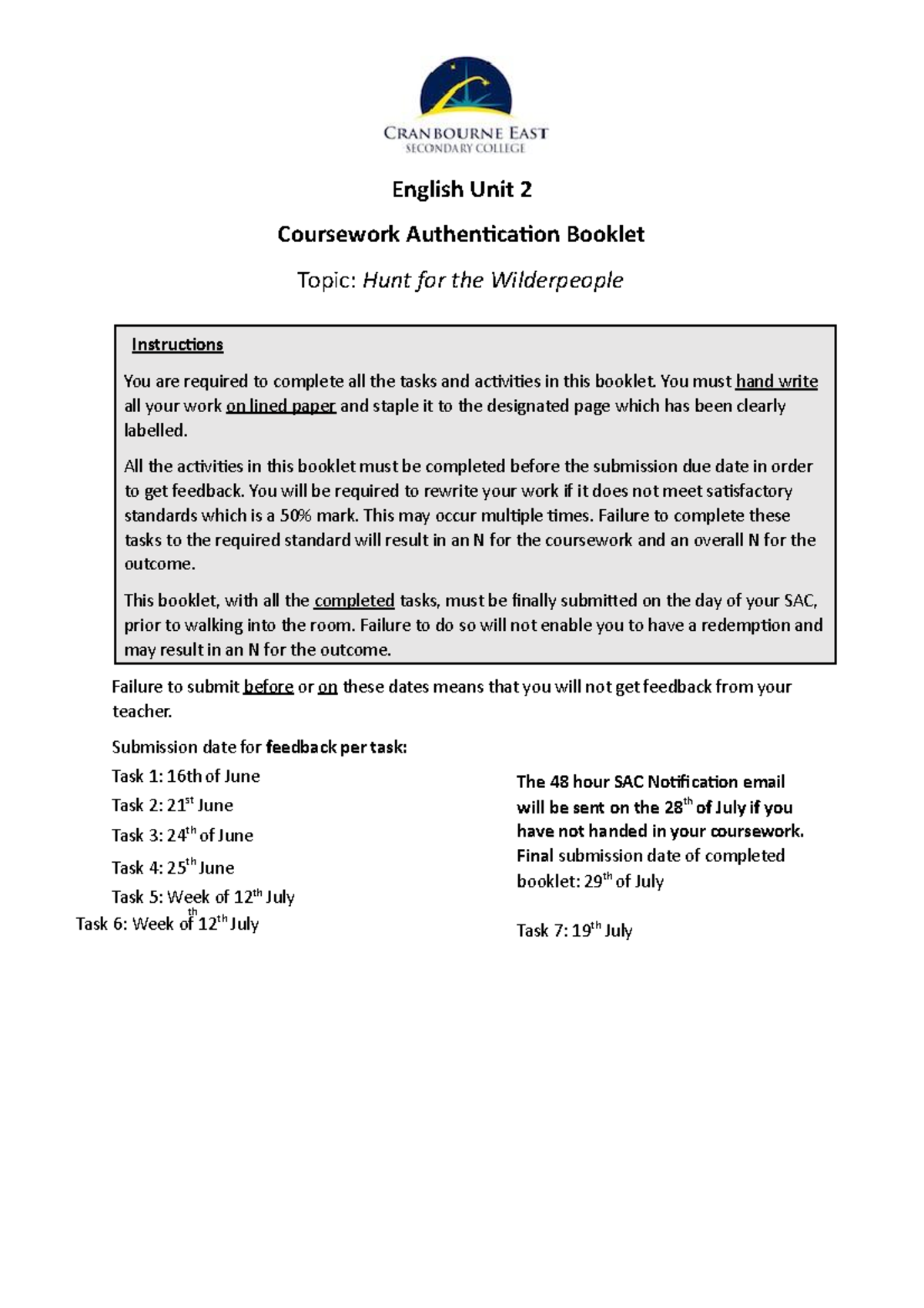 English Unit 2 Coursework booklet - English Unit 2 Coursework ...