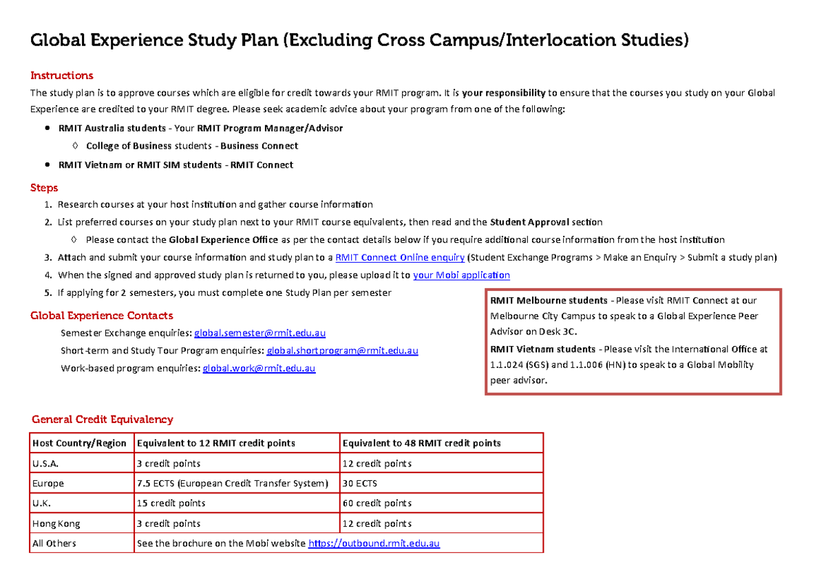 Study-plan - study plan - Host Country/Region Equivalent to 12 RMIT ...