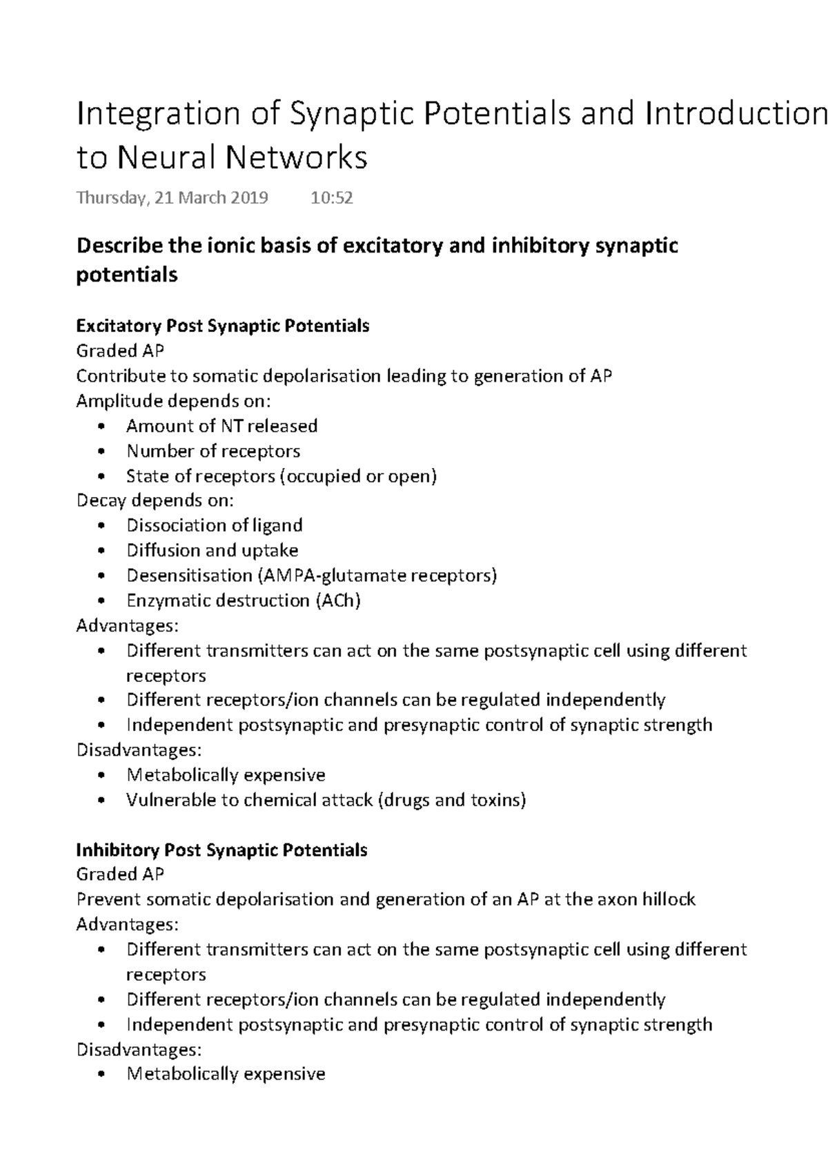 Integration of Synaptic Potentials and Introduction to Neural Networks - Describe the ionic ...