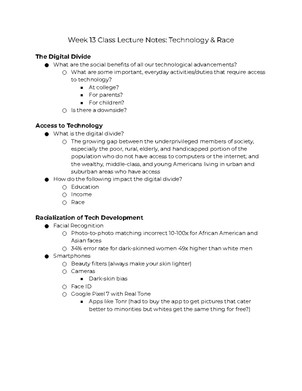 Week 13 Class Lecture Notes Technology and Race - Week 13 Class Lecture ...