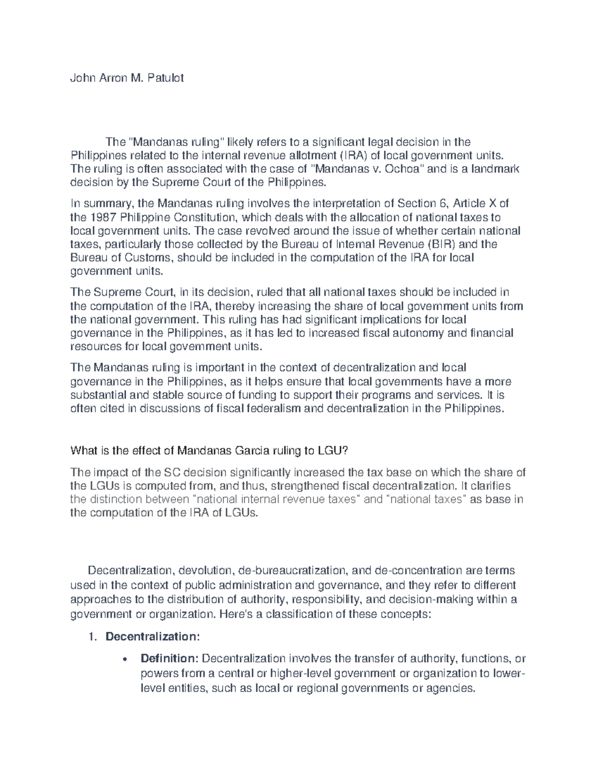 Mandanas ruling - John Arron M. Patulot The "Mandanas ruling" likely ...