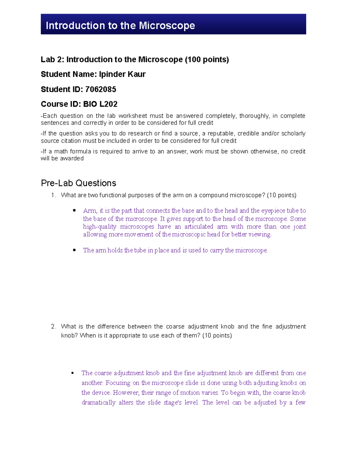 Lab2-Introduction to the Microscope - It gives support to the head of the microscope. Some - Studocu