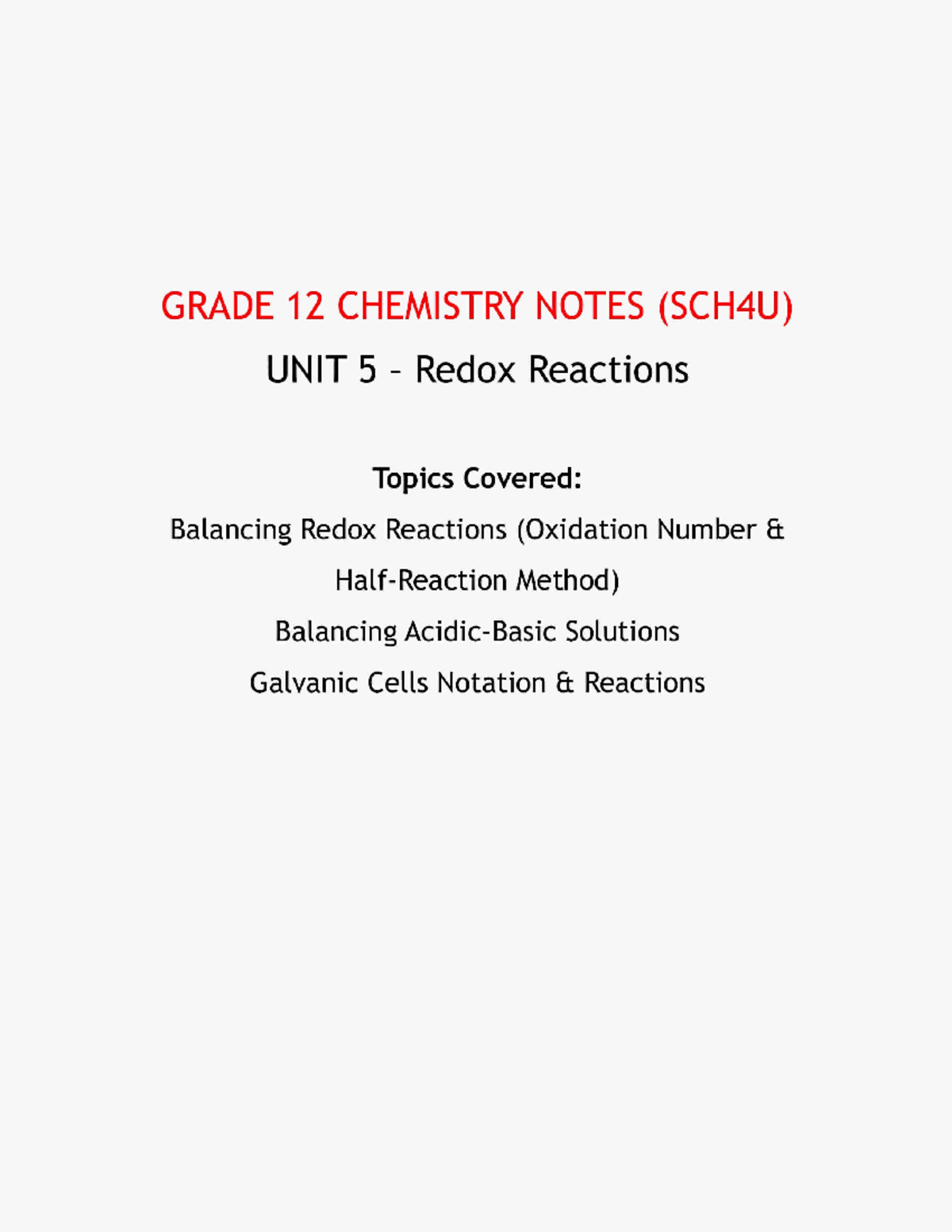 SCH4U - Chemistry Gr. 12 - ELECTROCHEMISTRY Class Notes (Review ...