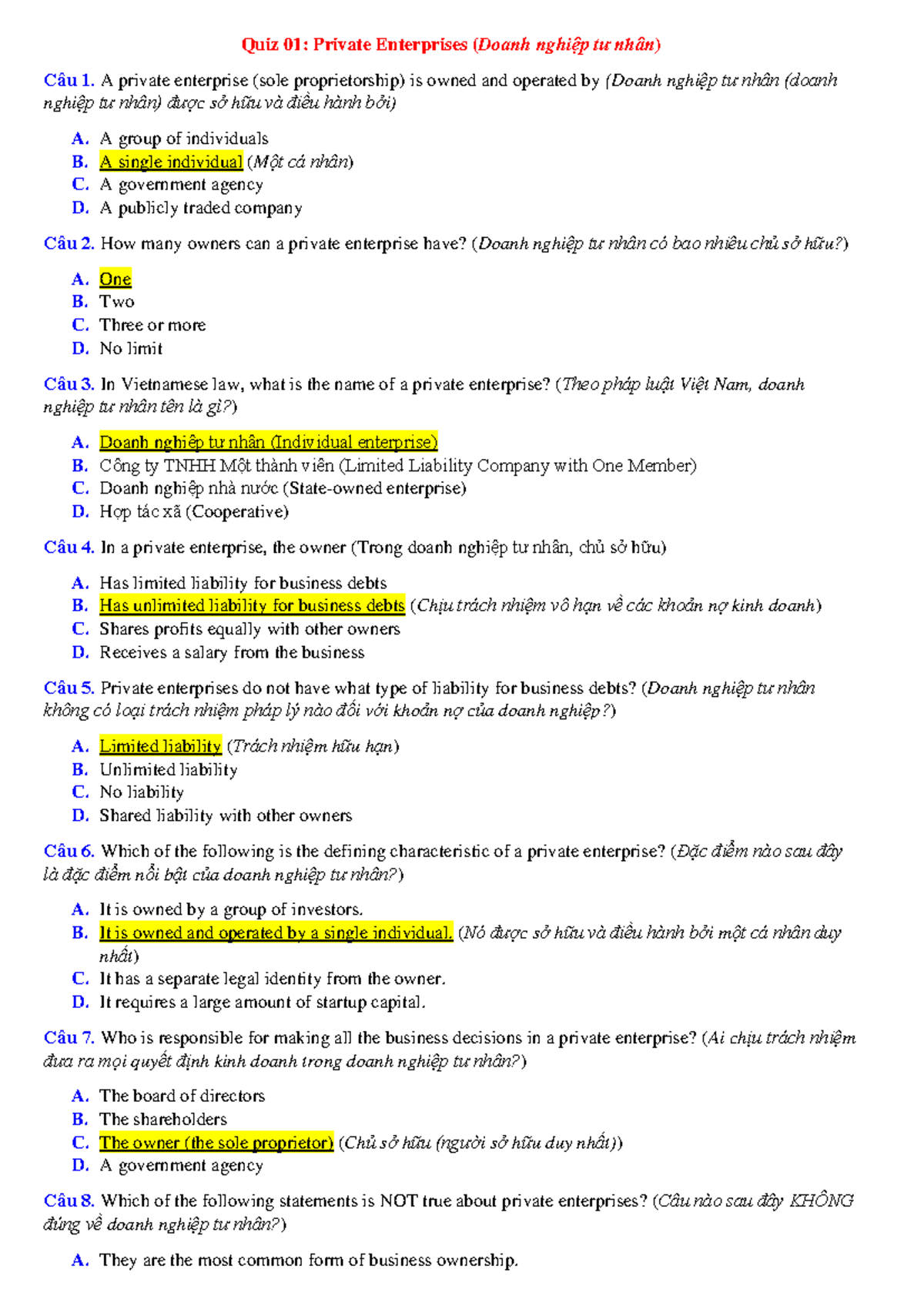 BLAW Quiz Tổng update 7 - Quiz 01: Private Enterprises (Doanh nghiệp tư ...