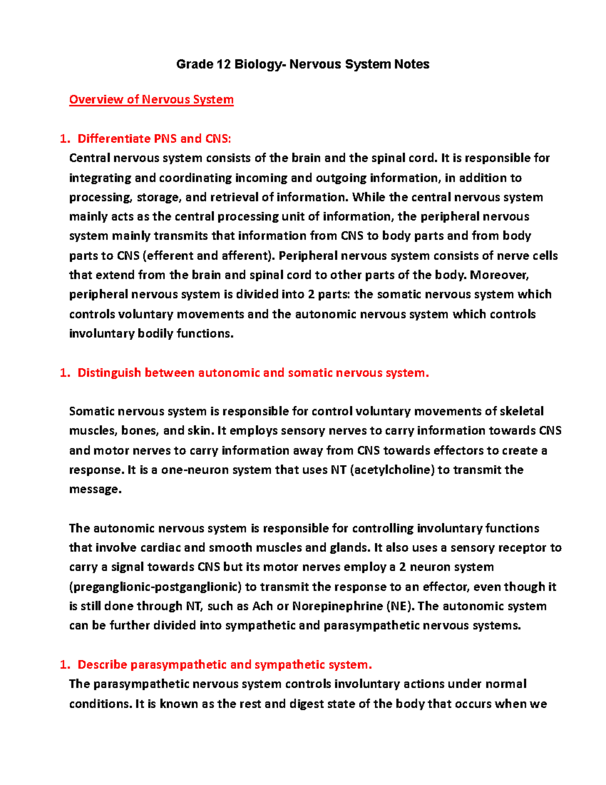 Grade 12 Biology- Nervous System Notes - It is responsible for ...