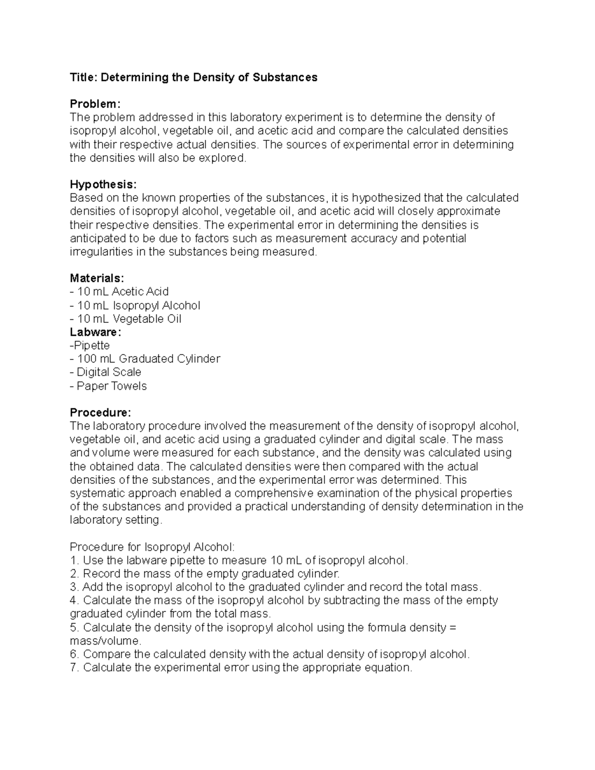 Lab Report Chapter 4 - Title: Determining the Density of Substances ...
