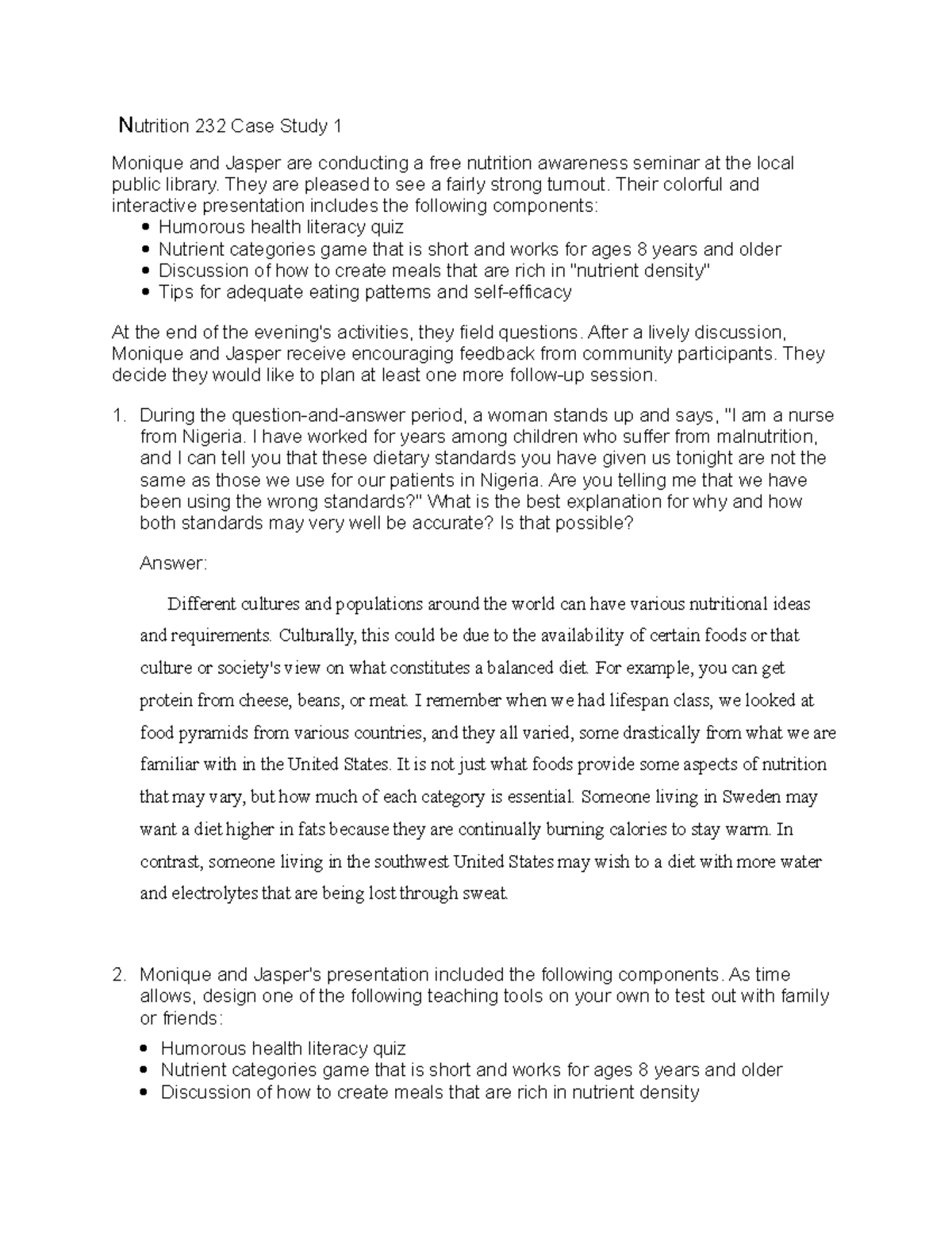 Nutrition 232 Case Study 1 - Nutrition 232 Case Study 1 Monique and ...