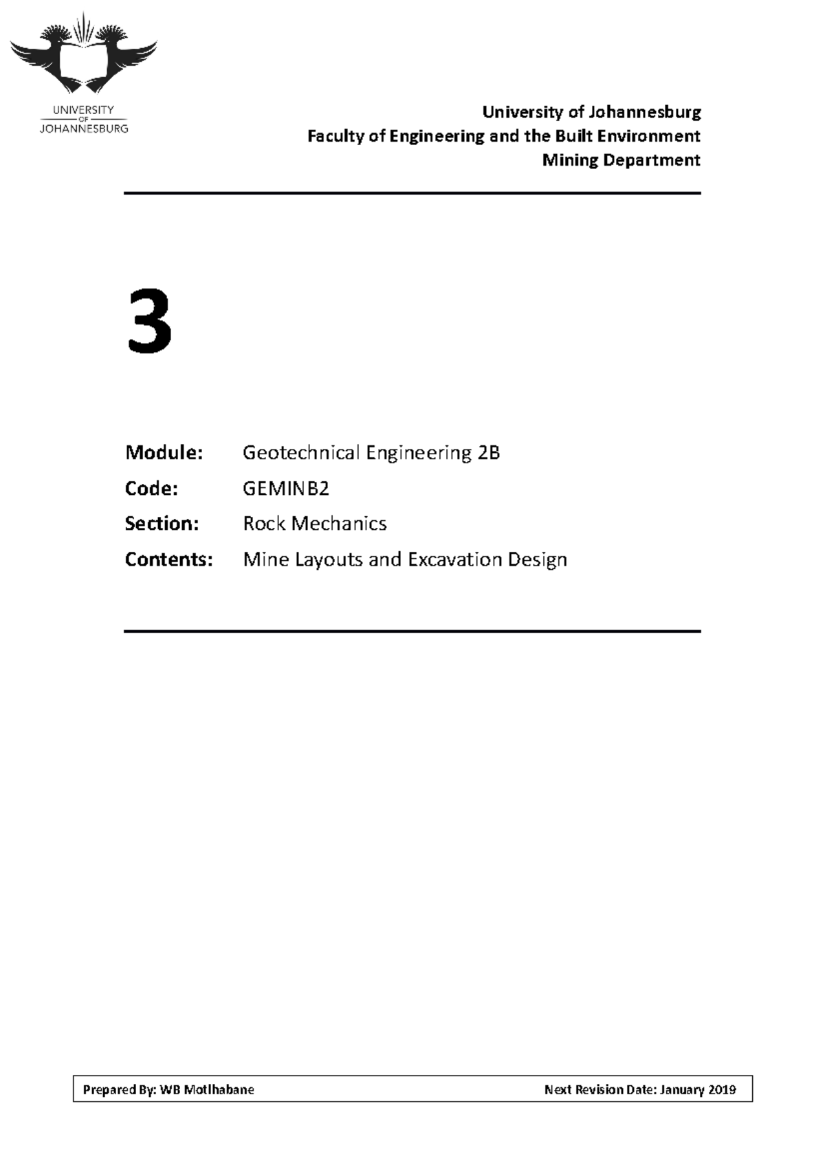 LUnit 3 - Mine Layouts and Excavation Design - University of ...
